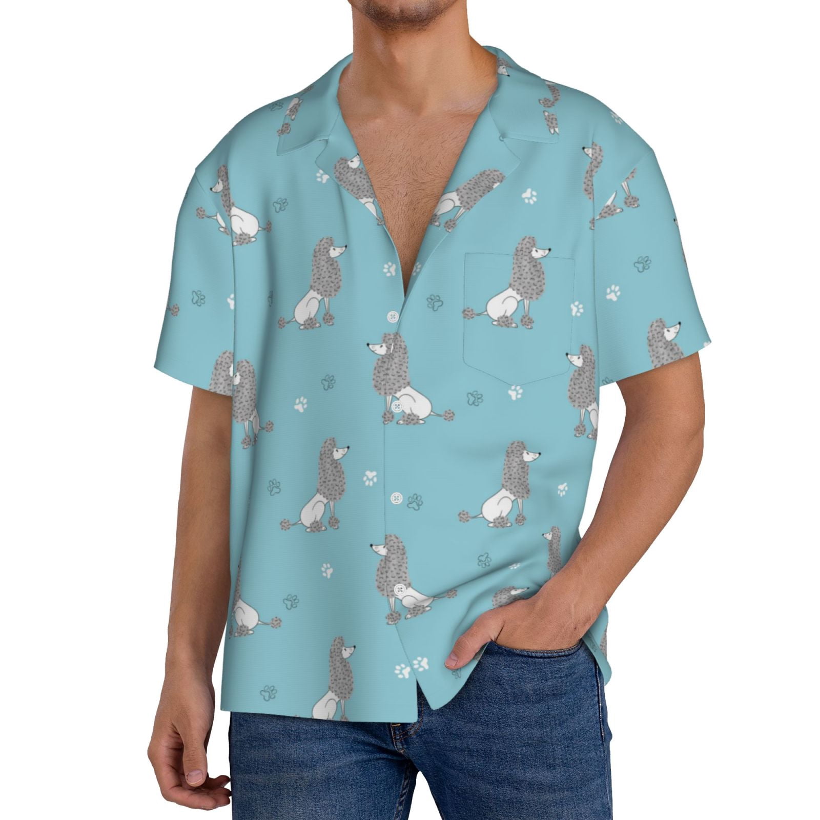 Salouo Cute Poodle Dog Pattern Cuban Collar Shirts for Men Button-Down ...