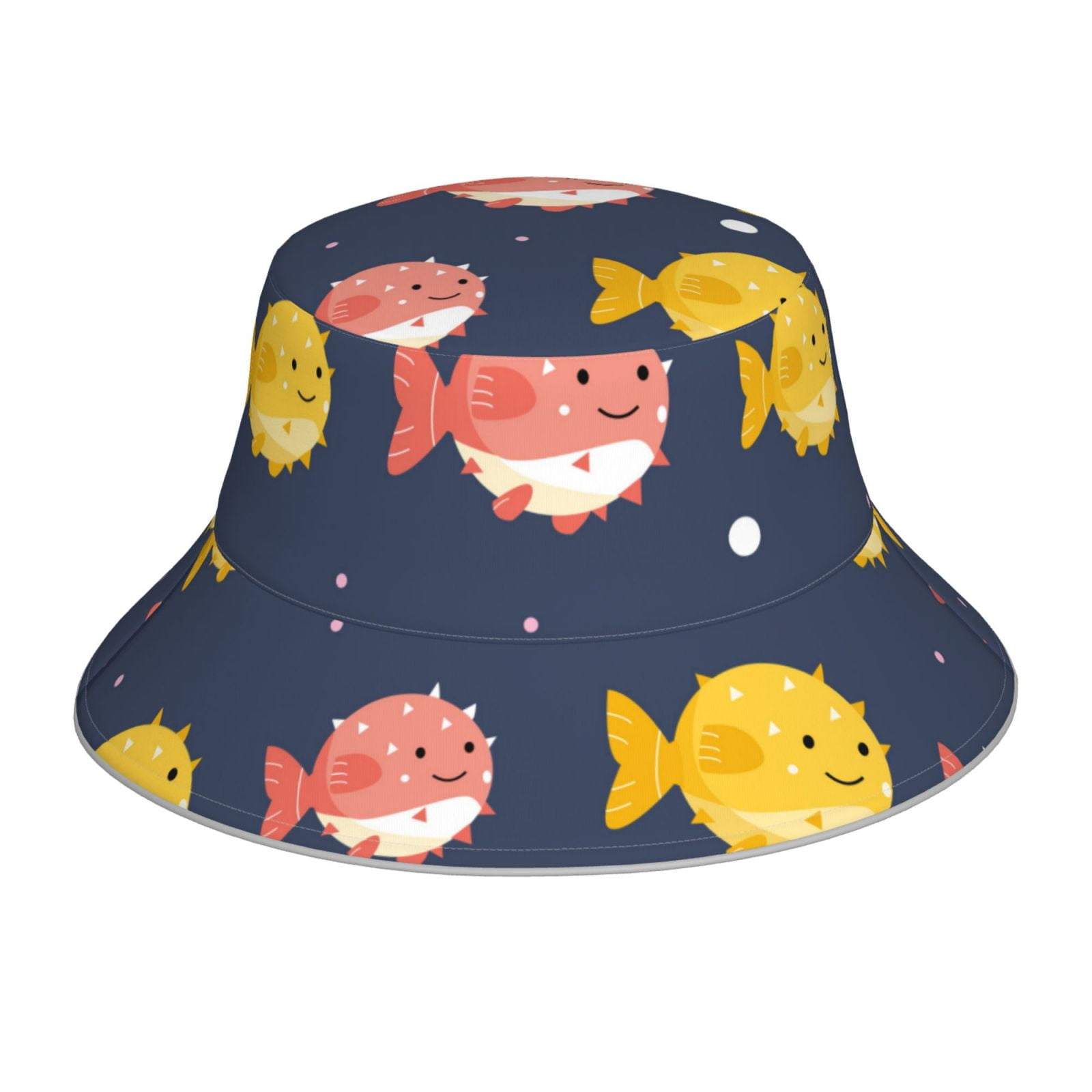 Salouo Cute Puffer Fish Print Unisex Bucket Hat, Outdoor Summer Beach ...