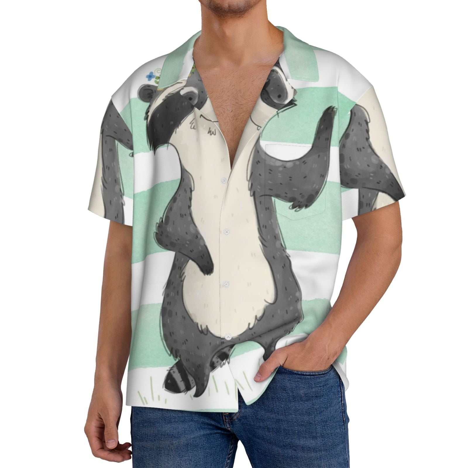 Salouo Cute Raccoon Pattern Cuban Collar Shirts for Men Button-Down ...