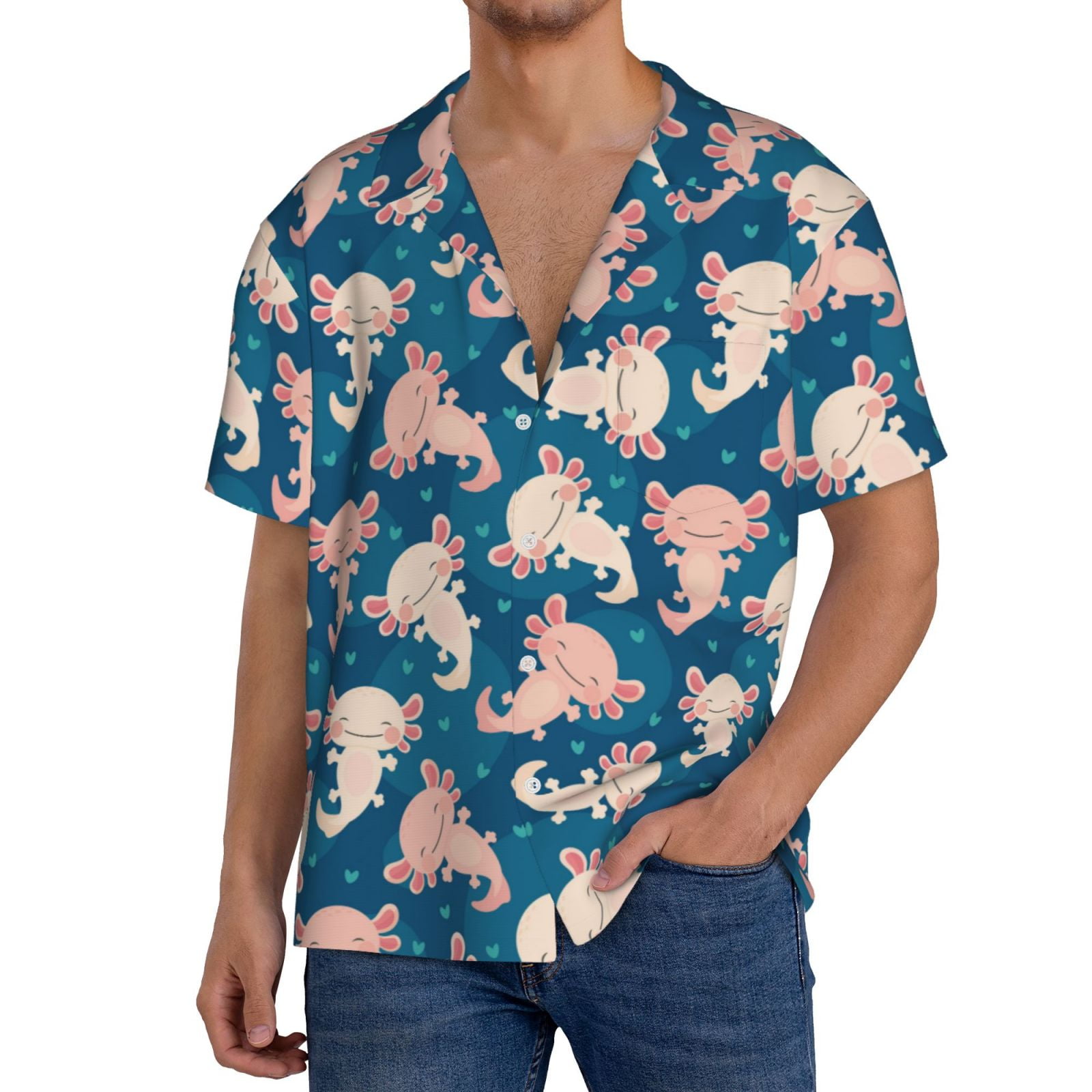 Salouo Cute Salamander Pattern Cuban Collar Shirts for Men Button-Down ...