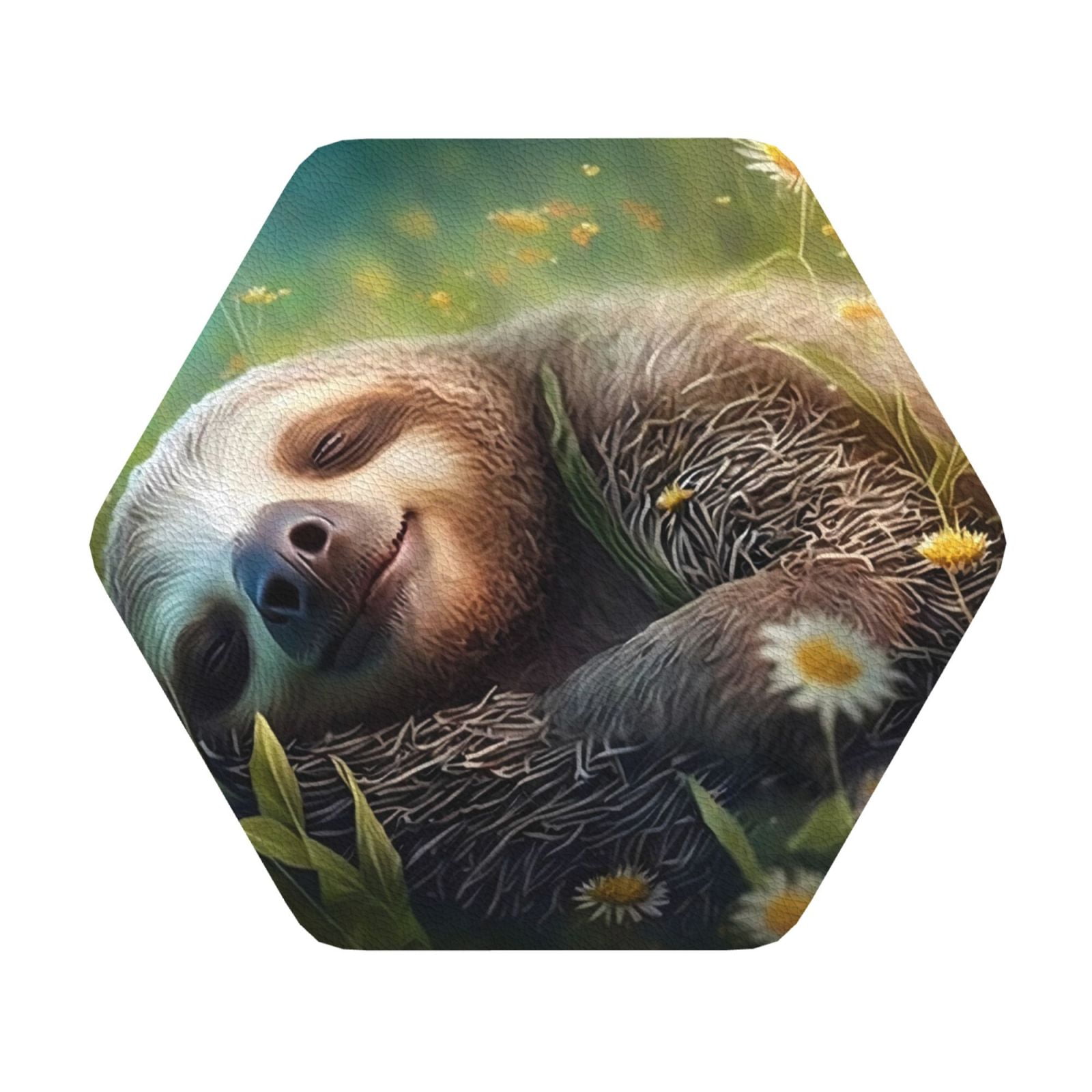 Salouo Daisy Sleeping Sloth Print Round Coaster,Drink Coasters Leather ...