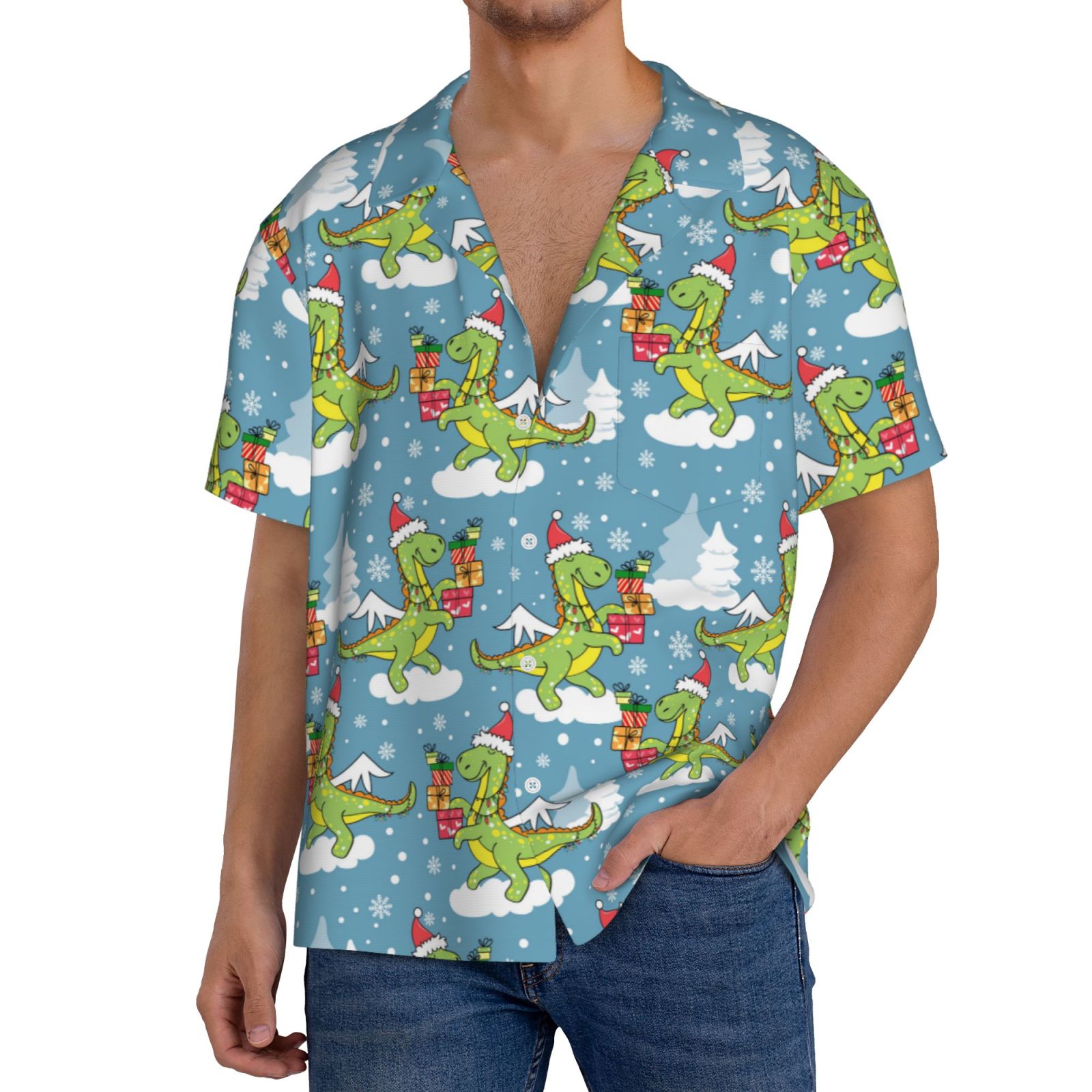 Salouo Dino Christmas Adventure Snowy Blue Pattern Cuban Collar Shirts ...