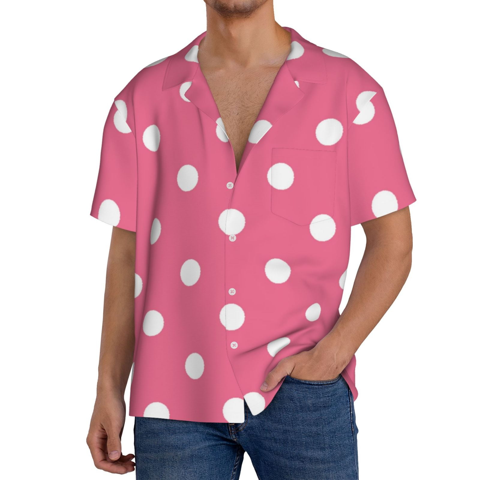 Salouo Dots On Rose Red Background Pattern Cuban Collar Shirts for Men ...