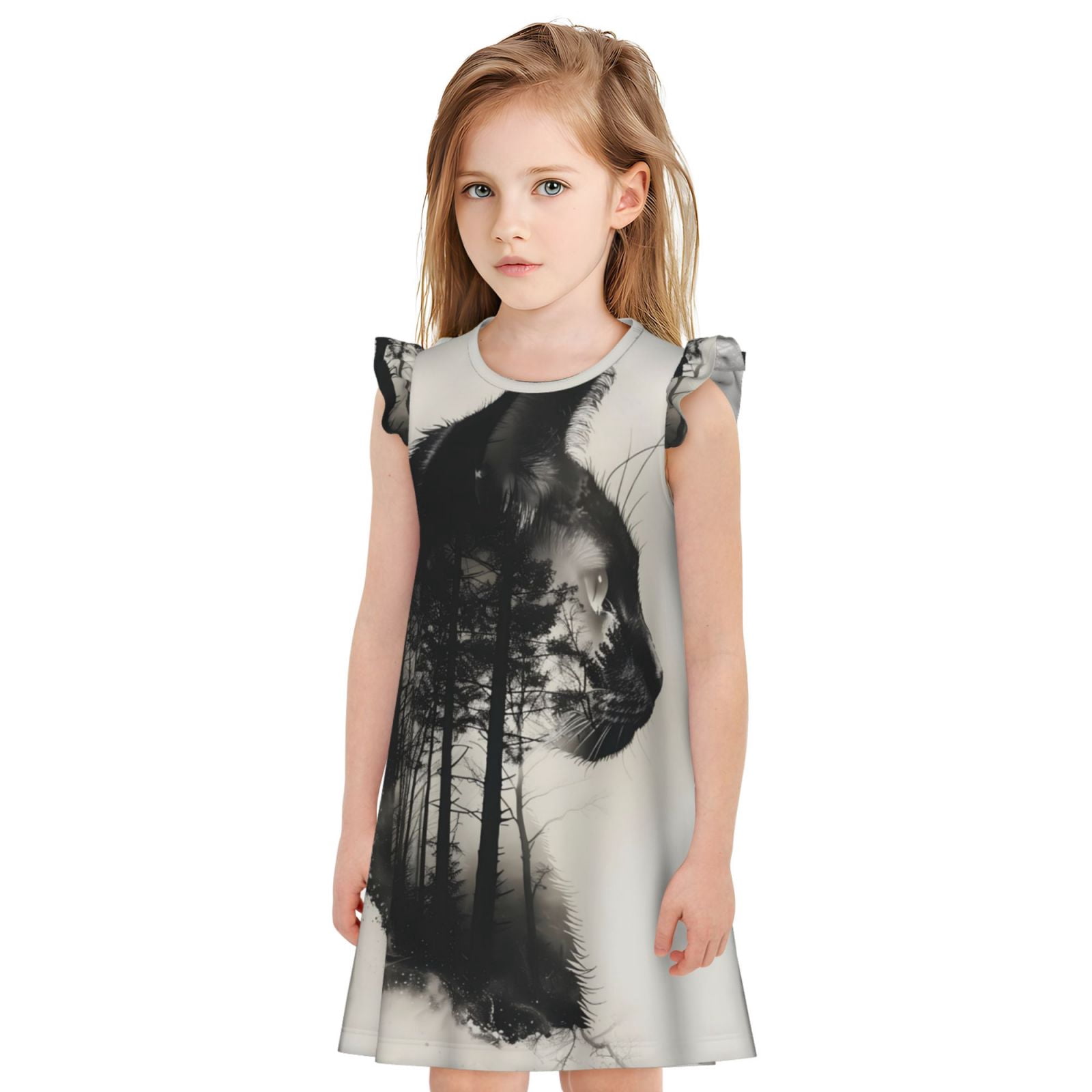 Salouo Double Exposure Cat Forest Print Nightgowns for Girls,Cute kid’s ...