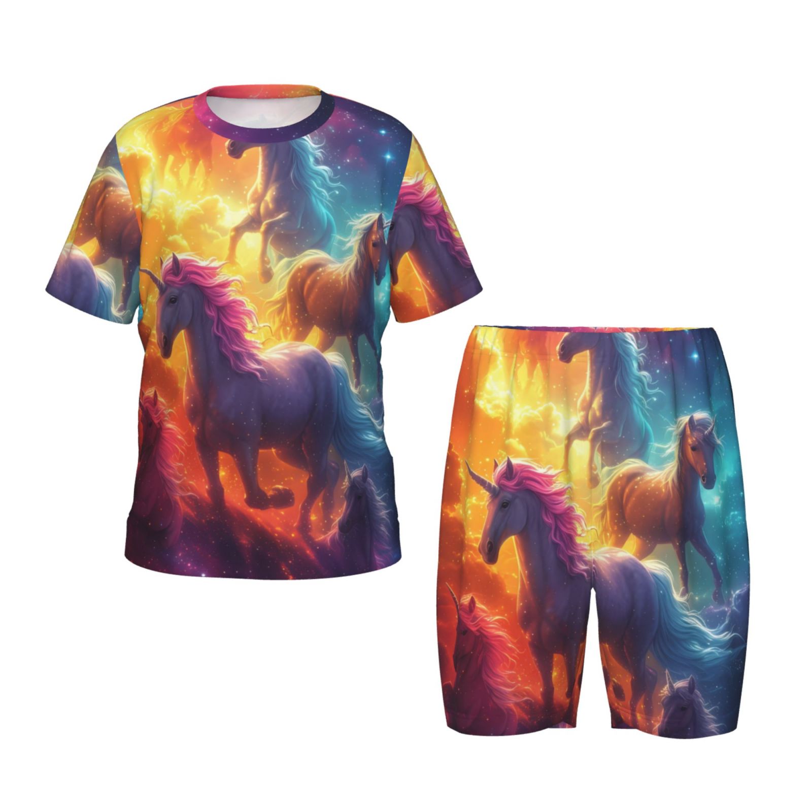 Salouo Dreamy Night Sky White Horse Pattern Short-Sleeved Pajamas Set ...