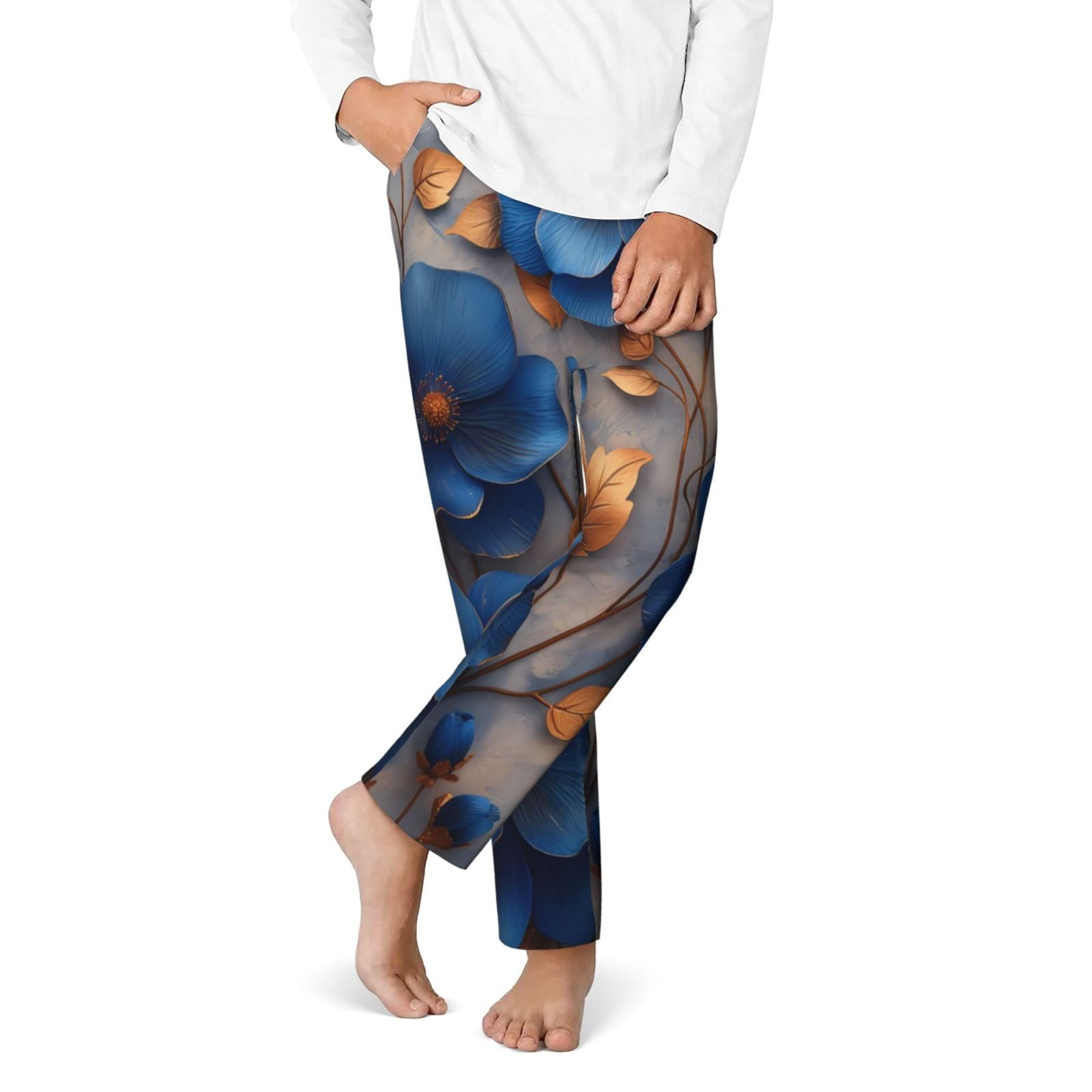 Salouo Elegant Blue Gold Blooms Pattern Boys Pajama Pants,Long Sleep ...