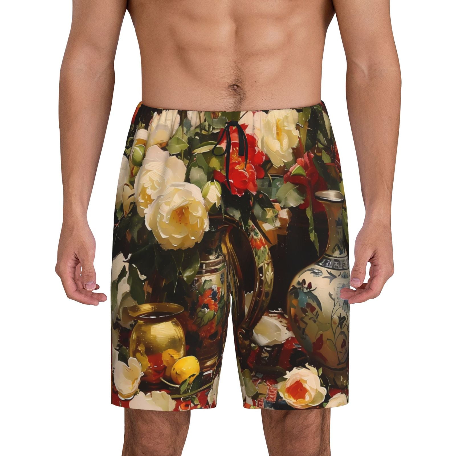 Salouo Elegant Still Life Roses Pattern Men's Sleep Pajama Shorts,Pajama Bottoms Elastic ...