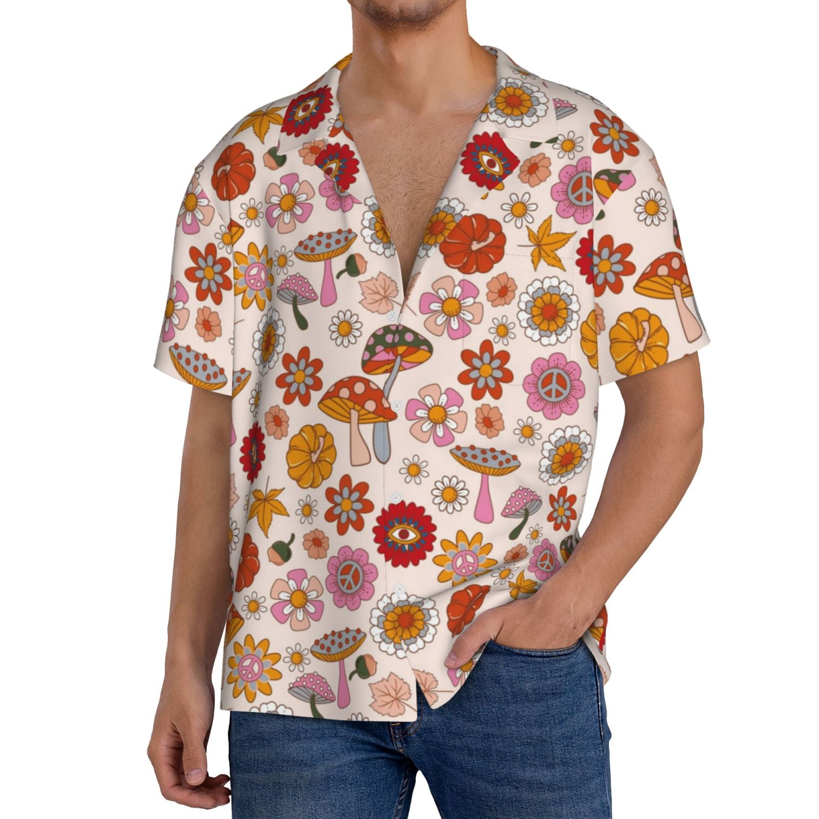 Salouo Fall 70s Groovy Hippie Pattern Cuban Collar Shirts for Men ...