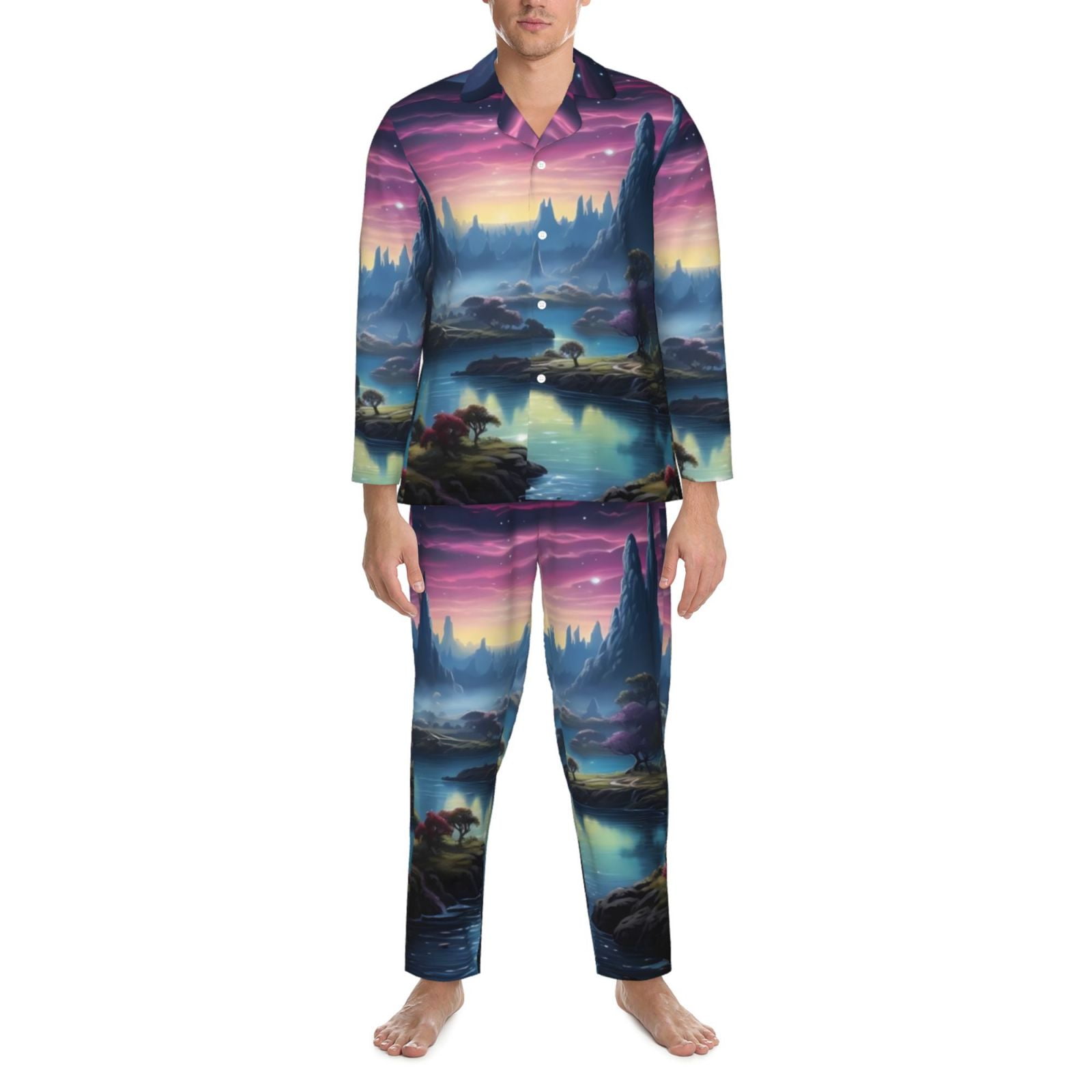 Salouo Fantasy Landscape Starry Night Print Button-Front Long Sleeve ...