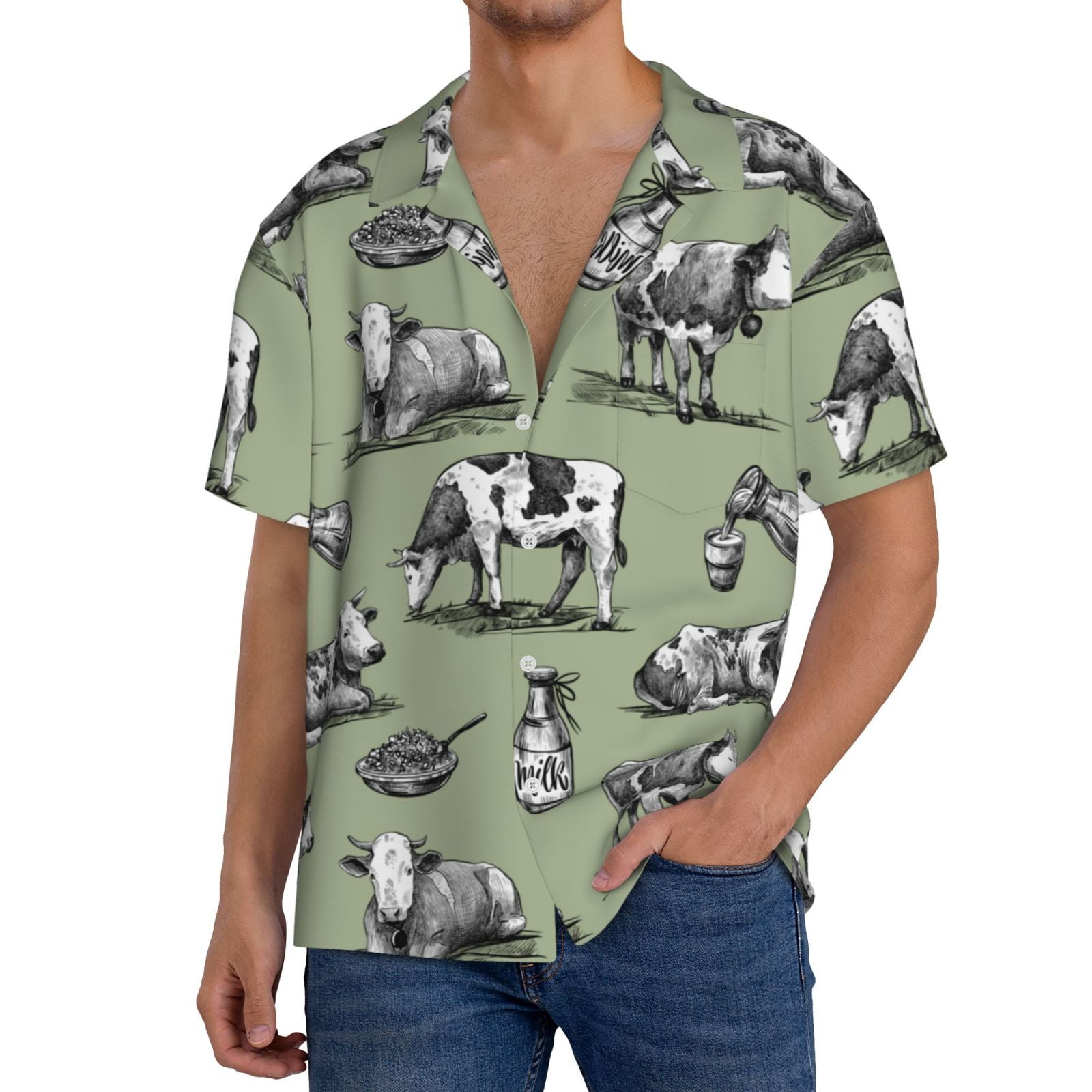 Salouo Farm Cows Pattern Cuban Collar Shirts for Men Button-Down Shirt ...