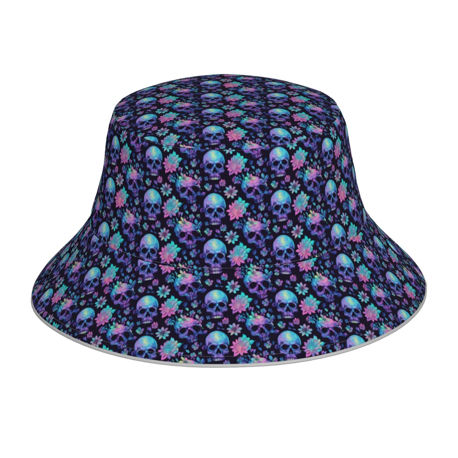 Salouo Flower Blue Skull Print Unisex Bucket Hat, Outdoor Summer Beach ...
