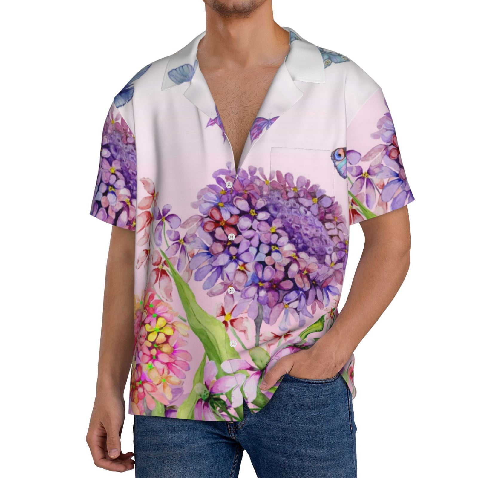 Salouo Flowers And Colorful Butterflies Pattern Cuban Collar Shirts for ...