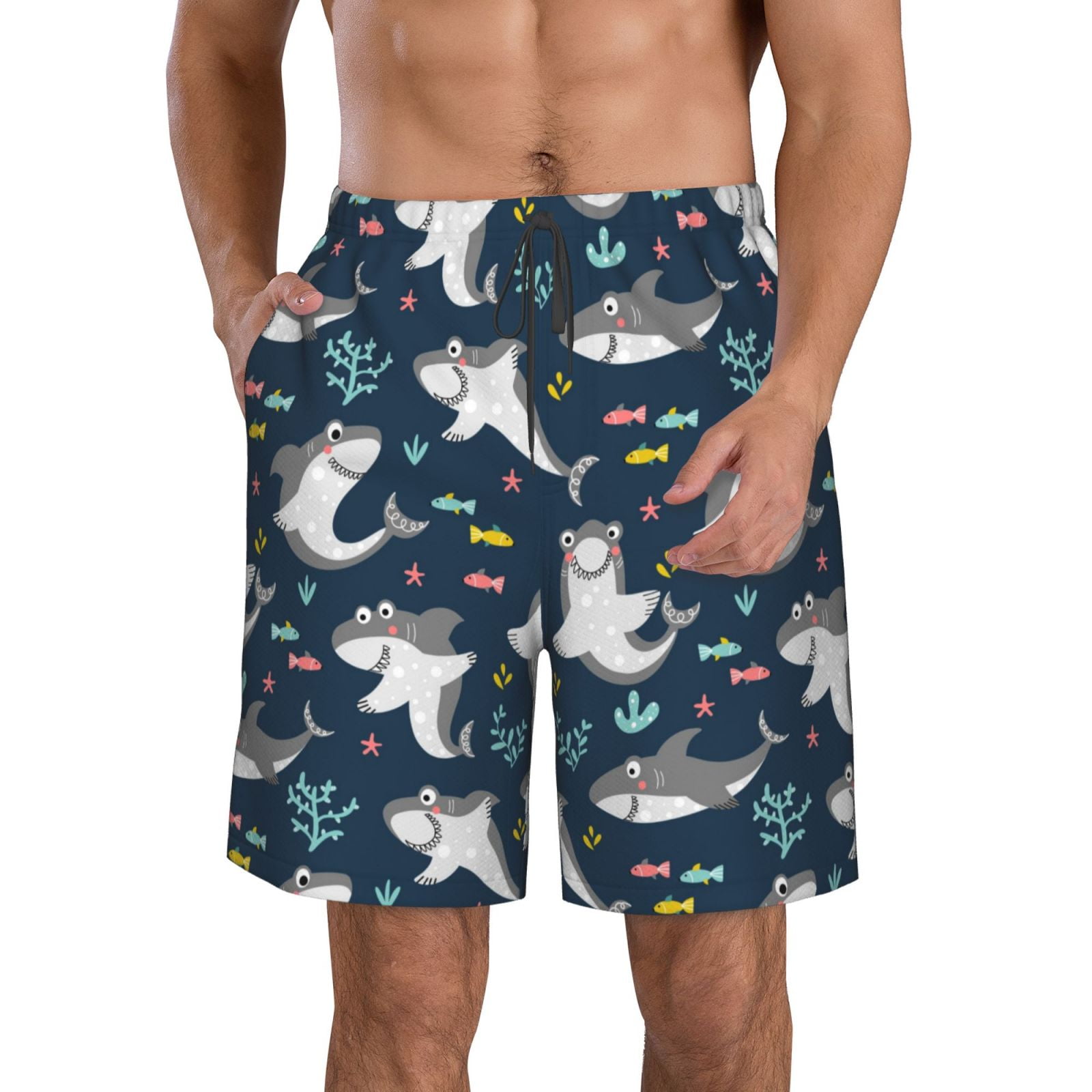 Salouo Friendly Sharks Pattern Swim Trunks for Men,Men's Hawaiian ...