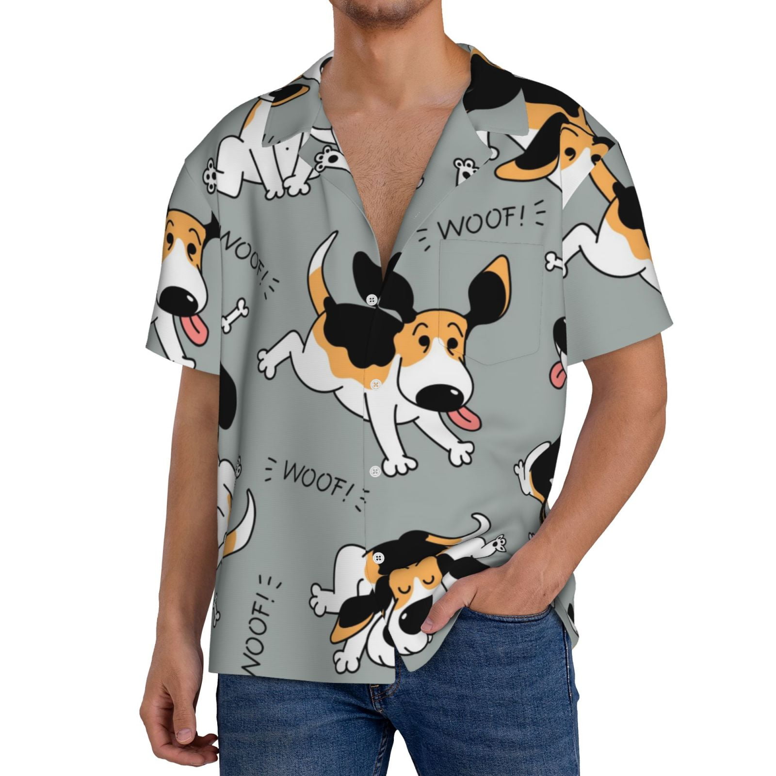 Salouo Funny Beagle Active Dog Pattern Cuban Collar Shirts for Men ...