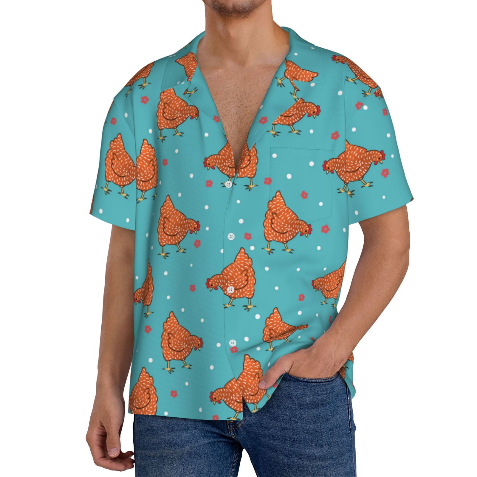 Salouo Funny Chicken Pattern Cuban Collar Shirts for Men Button-Down ...
