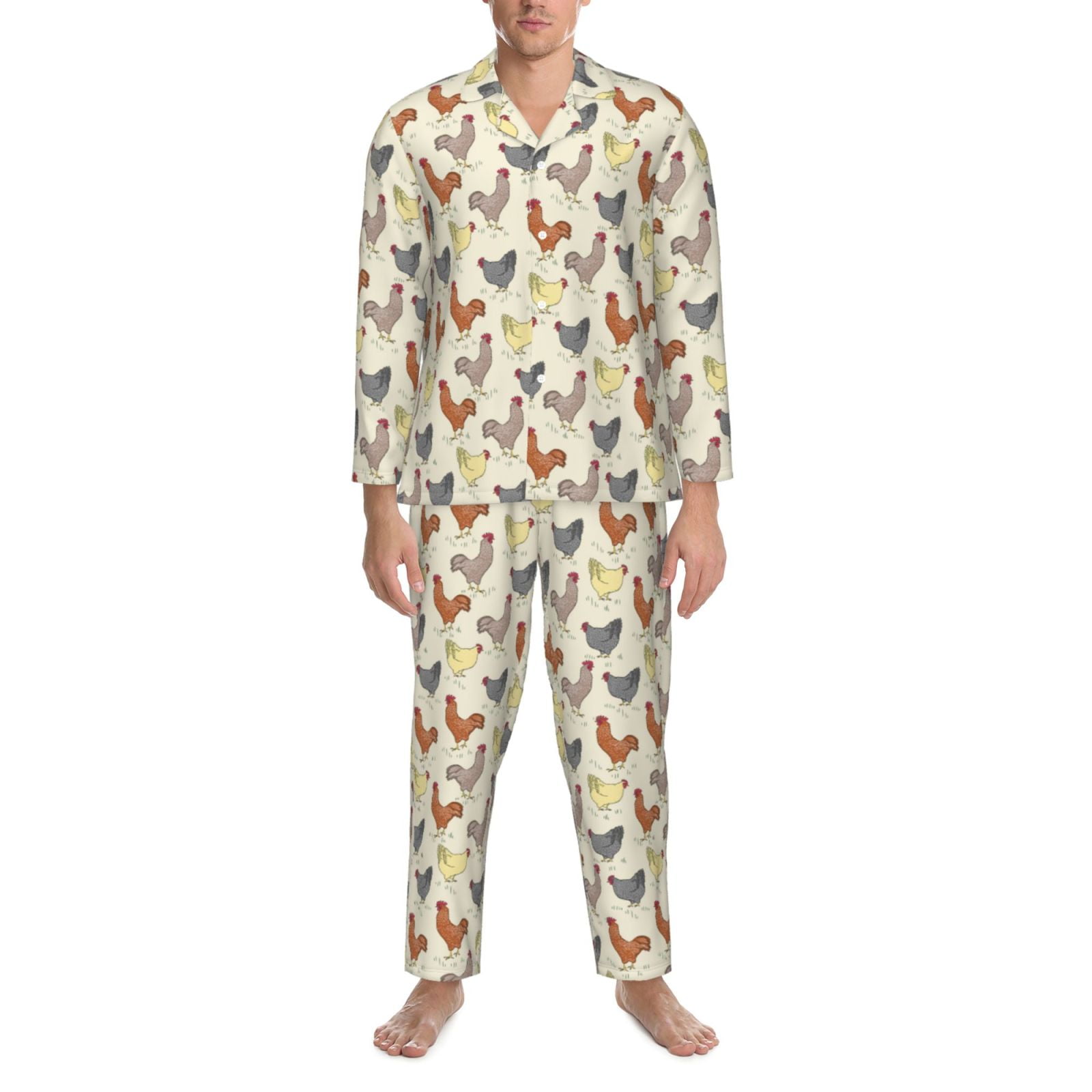 Salouo Funny Chicken Print Button-Front Long Sleeve Pajama Set for Men ...