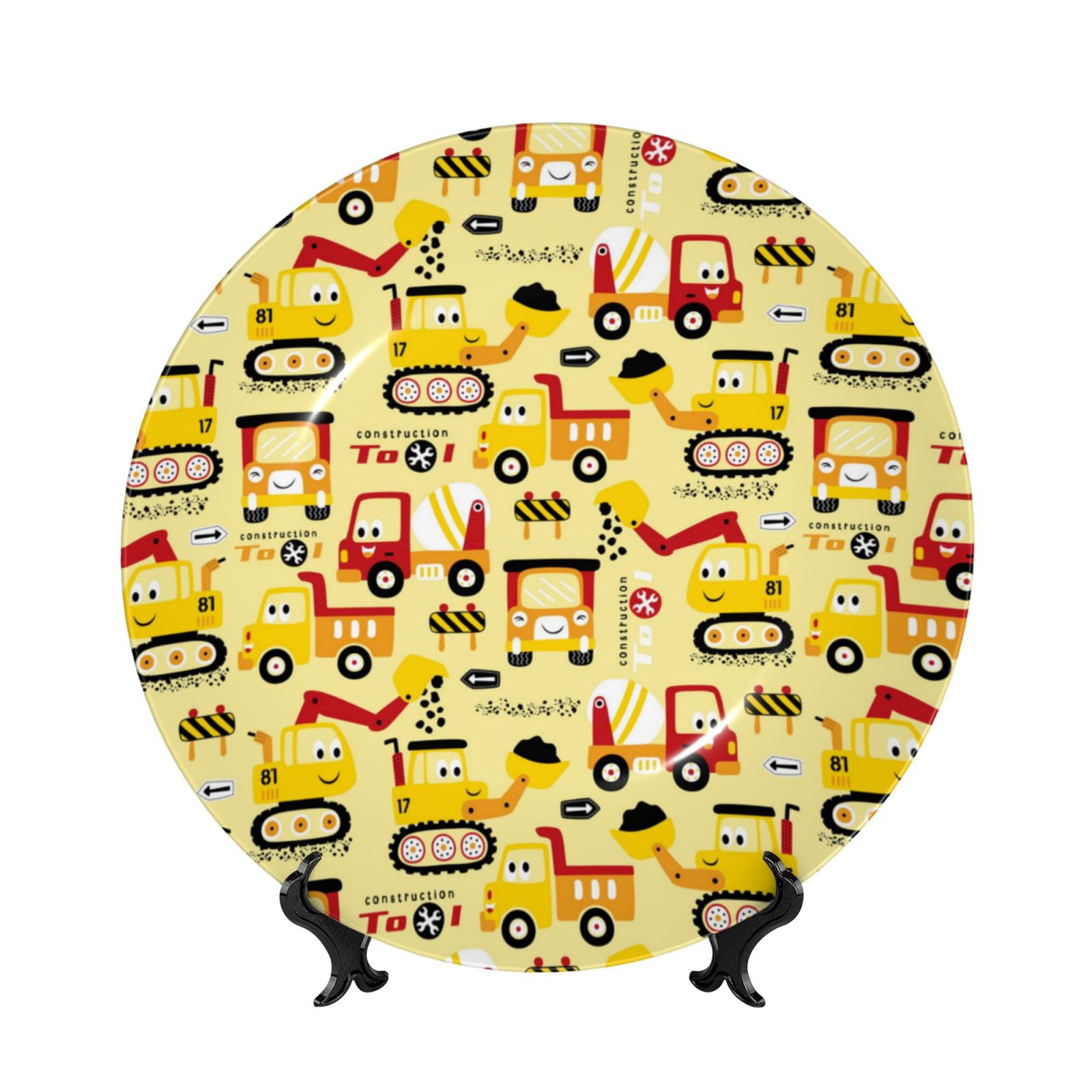 Salouo Funny Construction Vehicles Pattern Bone China Decorative Plate ...