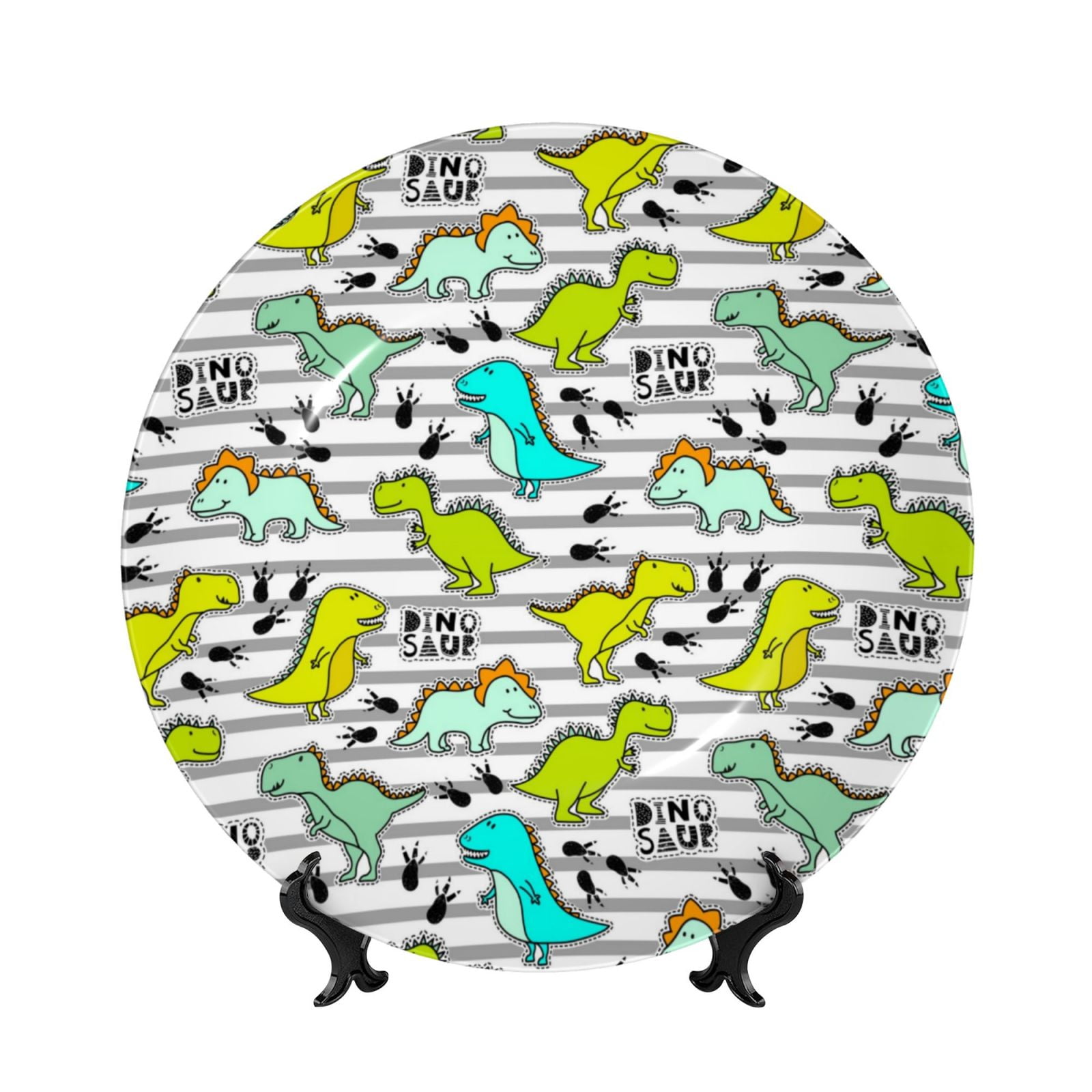 Salouo Funny Dinosaurs on Stripes Pattern Bone China Decorative Plate ...