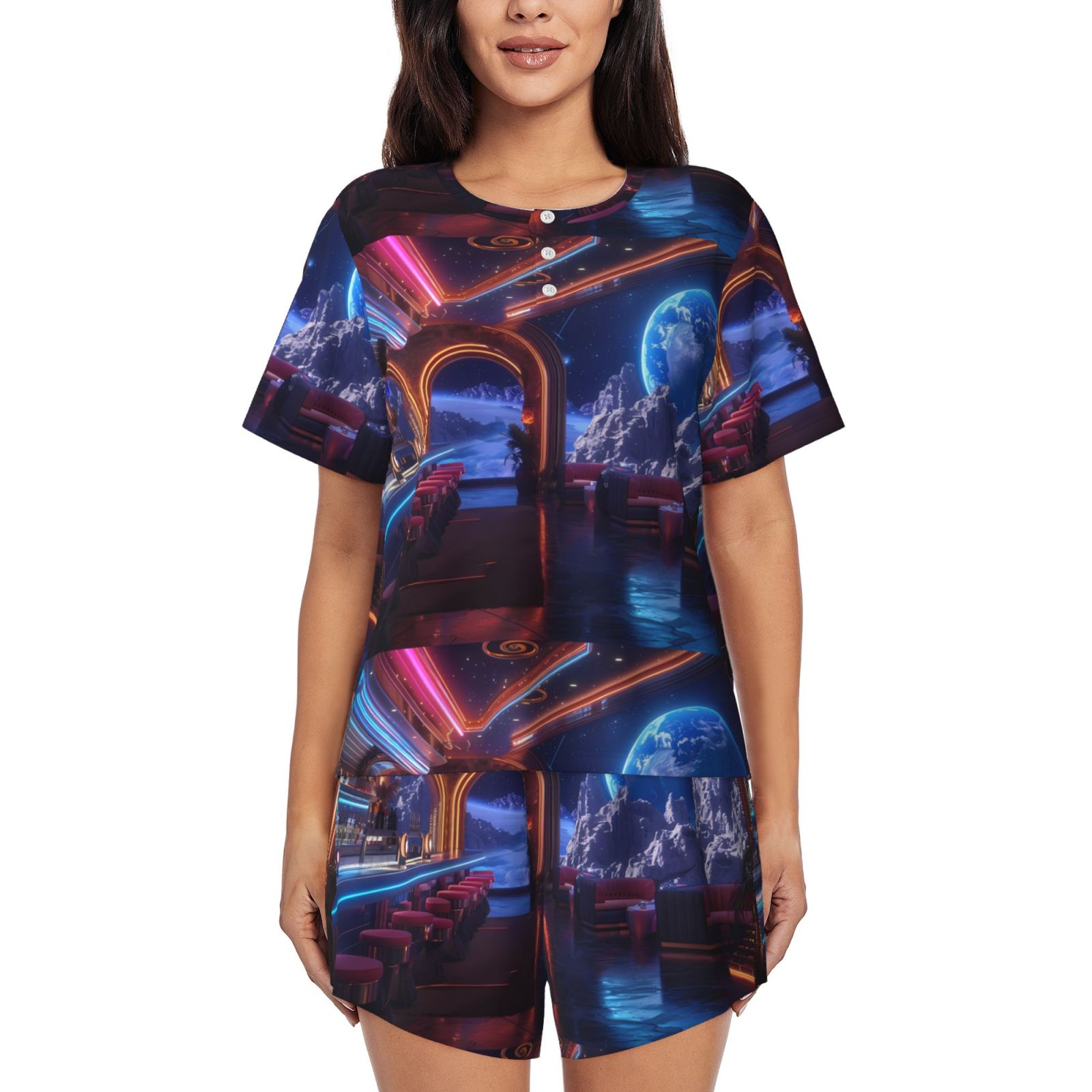Salouo Futuristic Bar Space View Pattern Short-Sleeved Pajama Set for ...