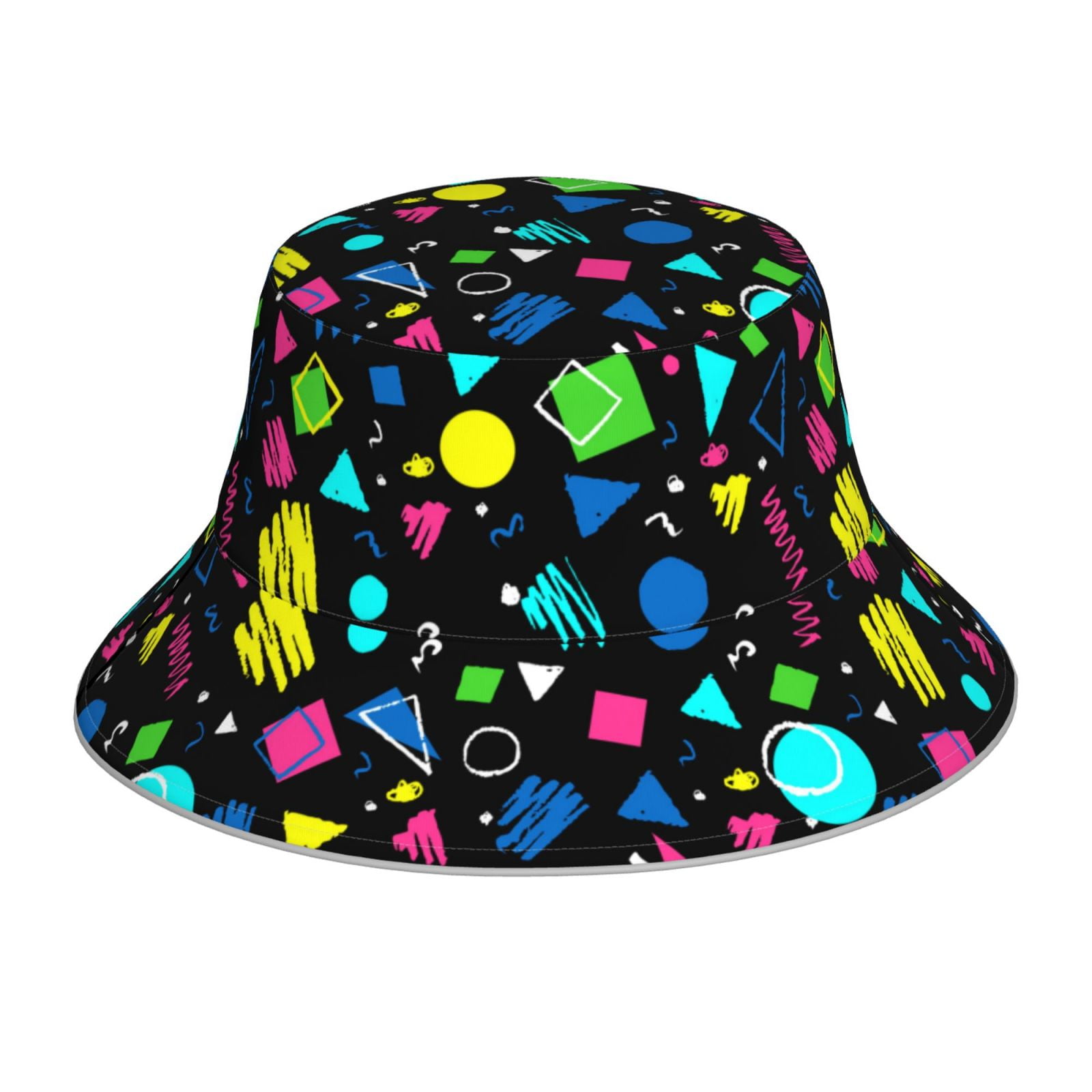 Salouo Geometric 1980s Styled Print Unisex Bucket Hat, Outdoor Summer Beach Fishing Sun Hat Fun ...