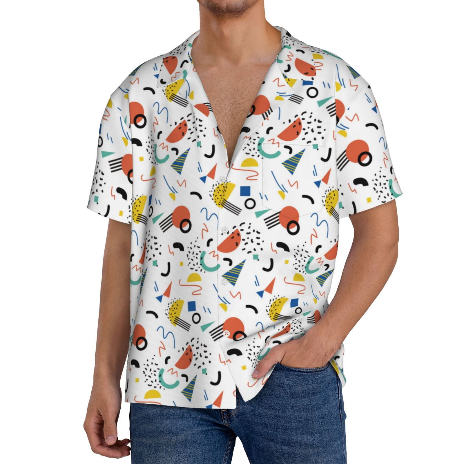 Salouo Geometric Retro Pattern Cuban Collar Shirts for Men Button-Down ...