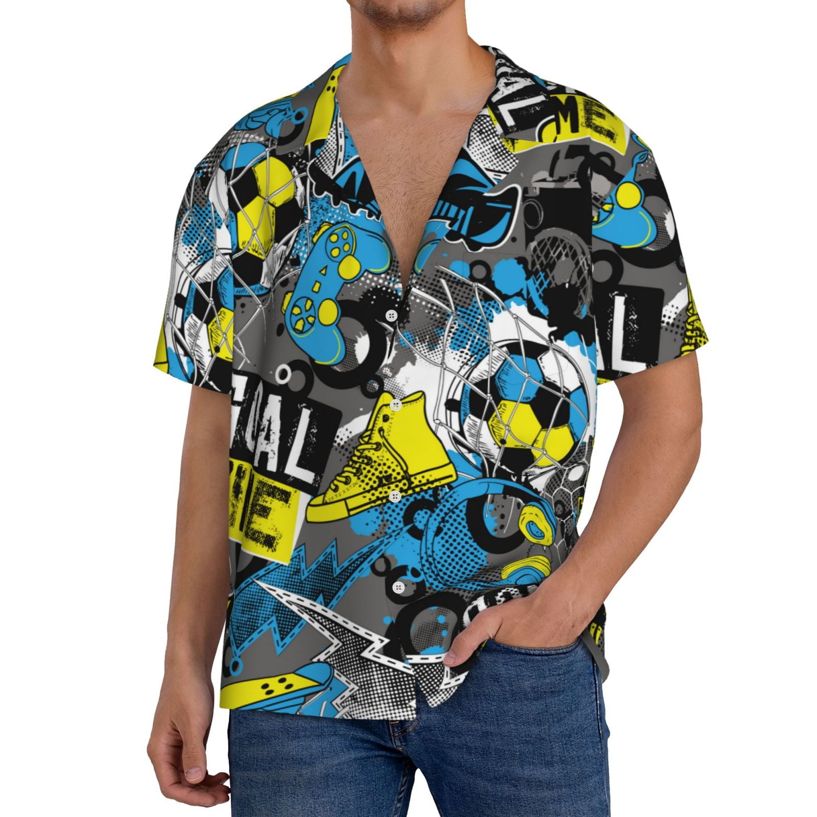 Salouo Goal Time Pattern Cuban Collar Shirts for Men Button-Down Shirt ...