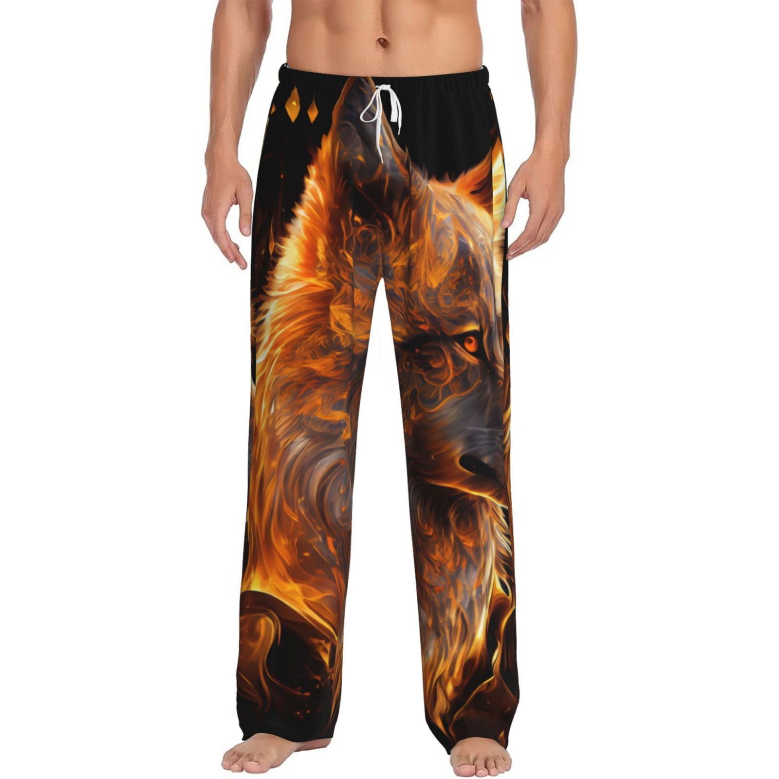 Salouo Gold Flame Pattern Wolf Print Pajama Pants for Men, Lounge Pants ...
