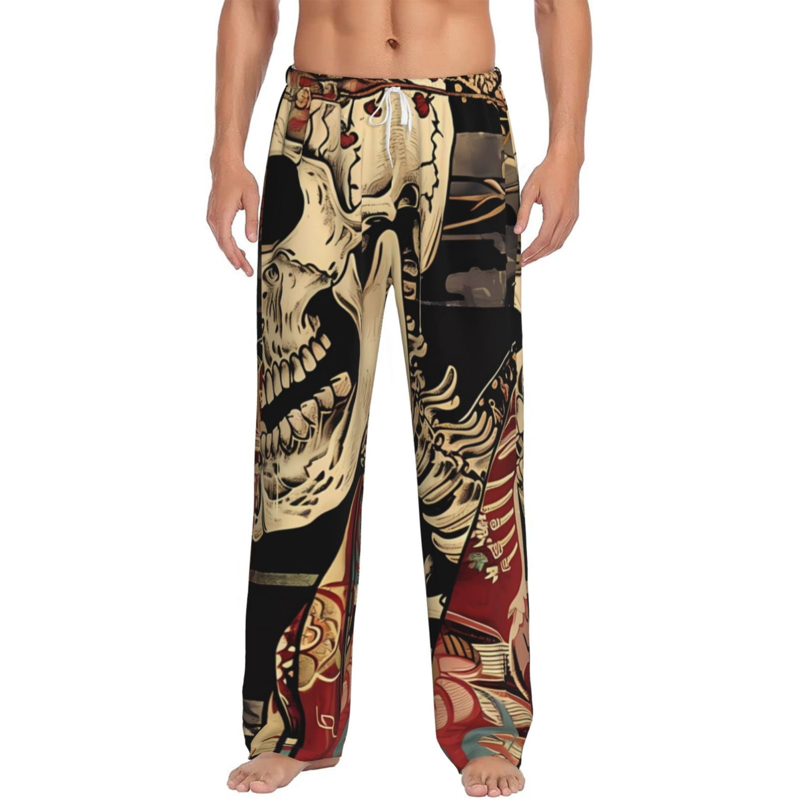 Salouo Gothic Eastern Floral Skull Print Pajama Pants for Men, Lounge ...