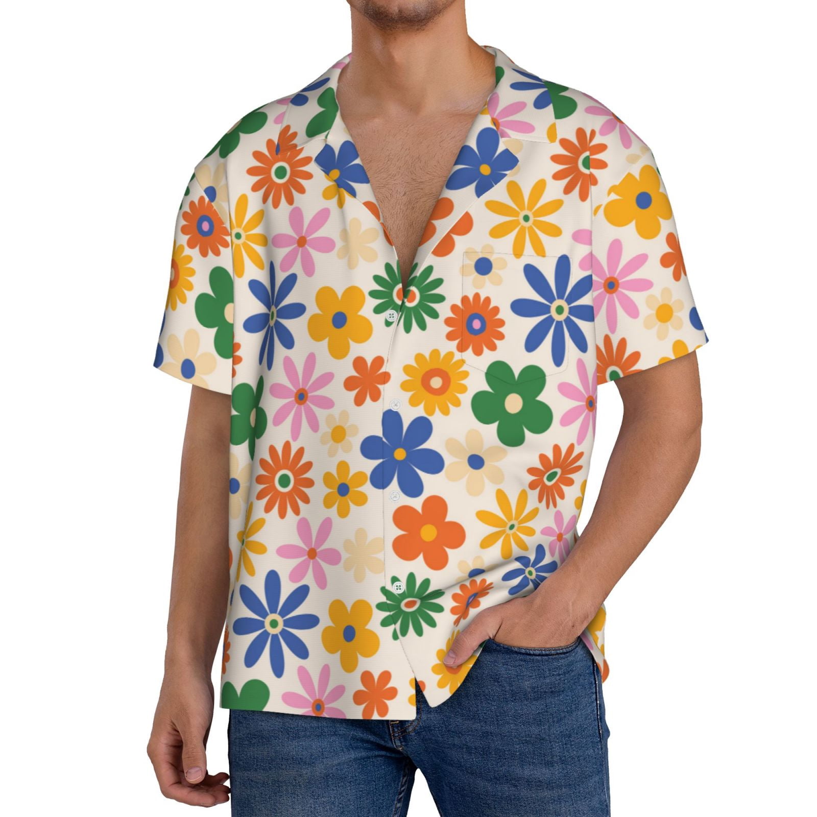 Salouo Groovy Daisy Flowers Pattern Cuban Collar Shirts for Men Button ...