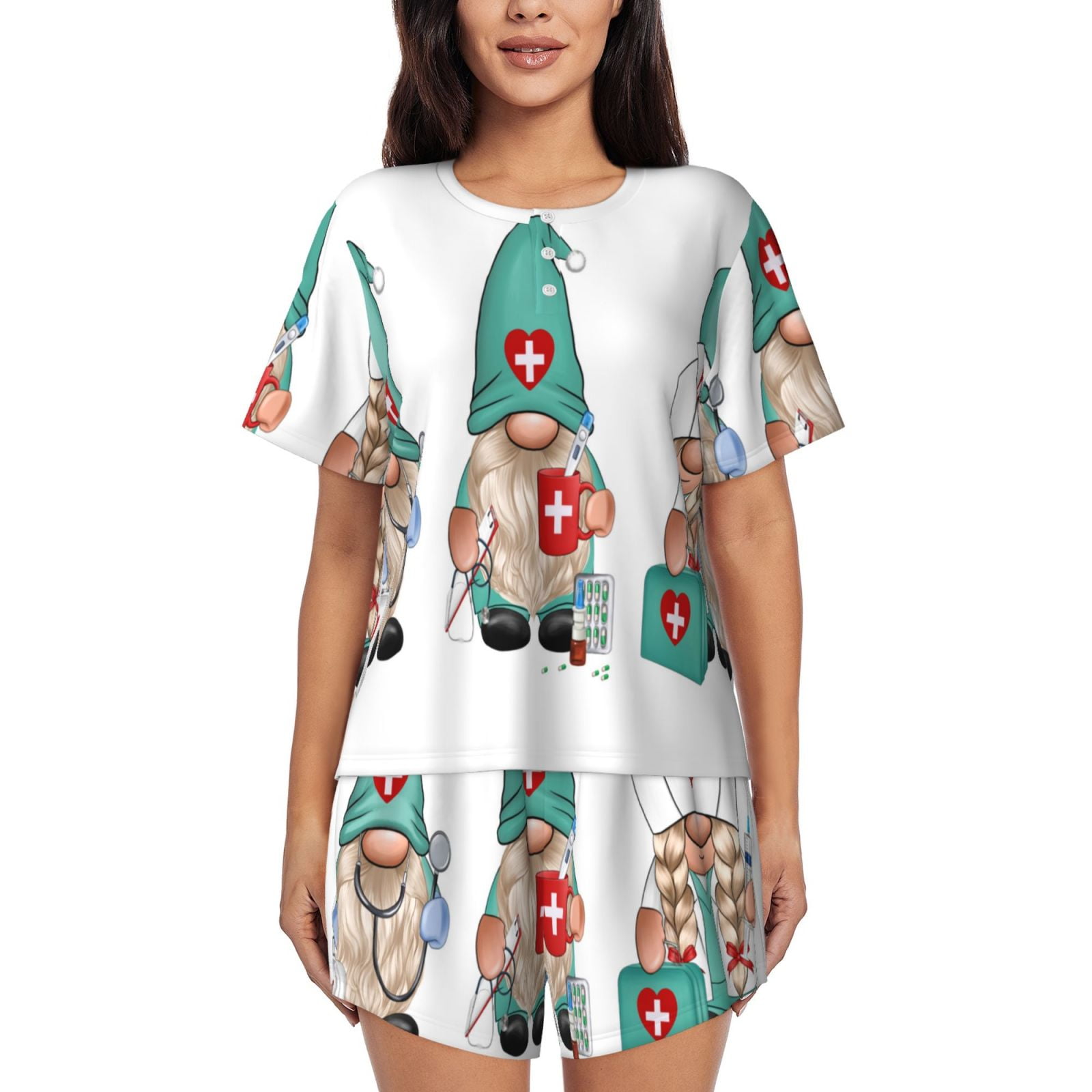 Salouo Guomei doctor Pattern Short-Sleeved Pajama Set for Women，Round ...