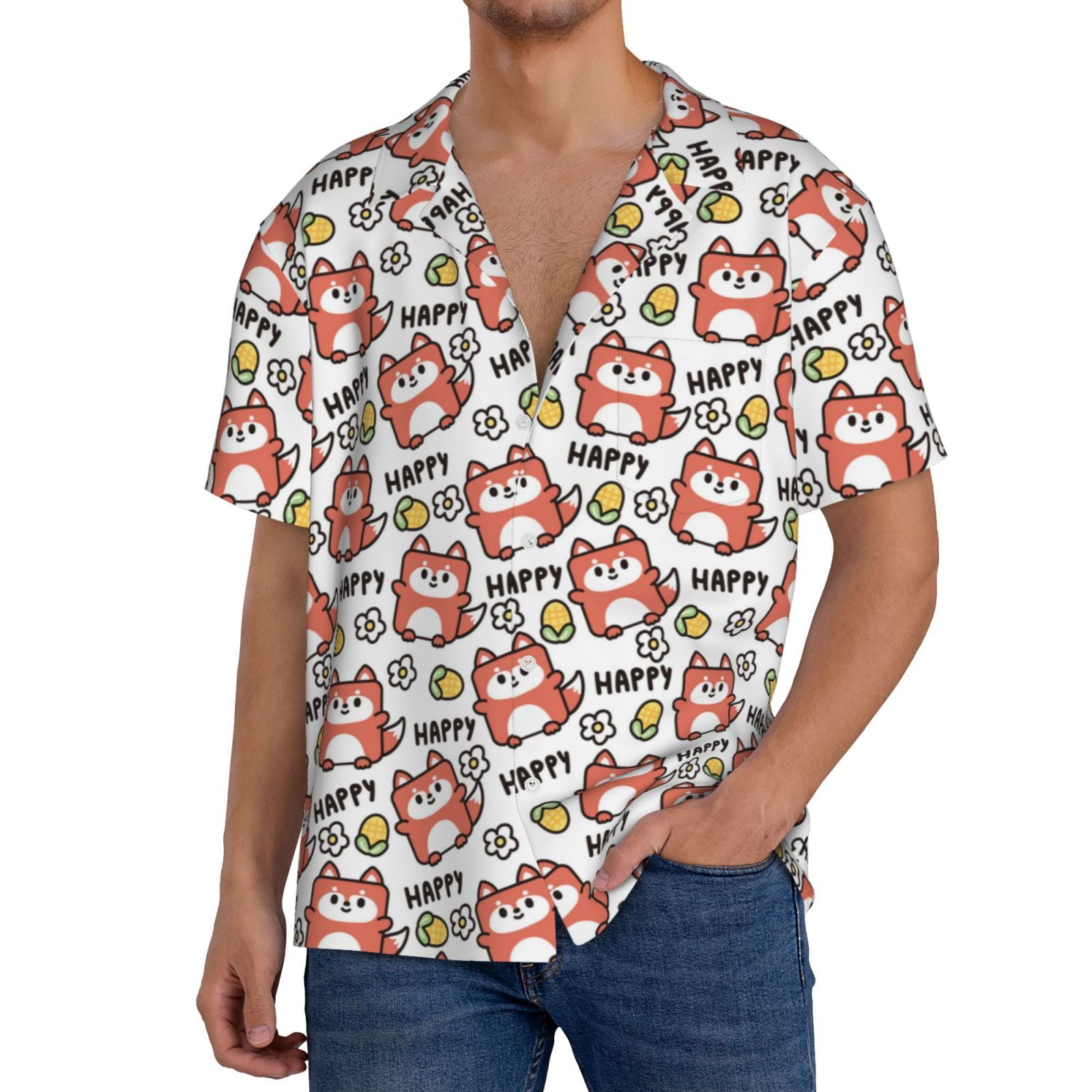 Salouo Happy Foxy Faces Pattern Cuban Collar Shirts for Men Button-Down ...