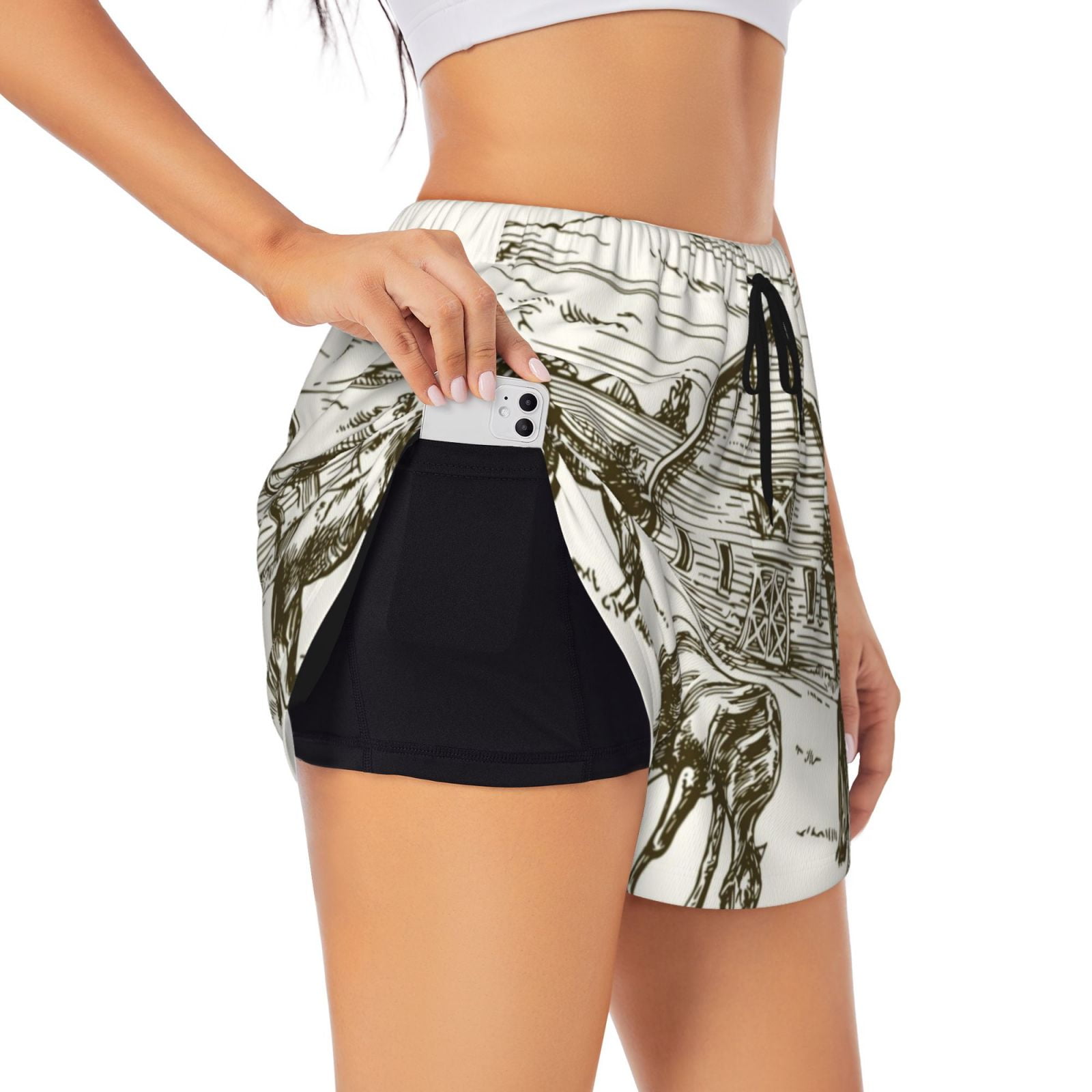 Salouo Horses Grazing On Meadow Print Women's 2 in 1 Running Shorts ...