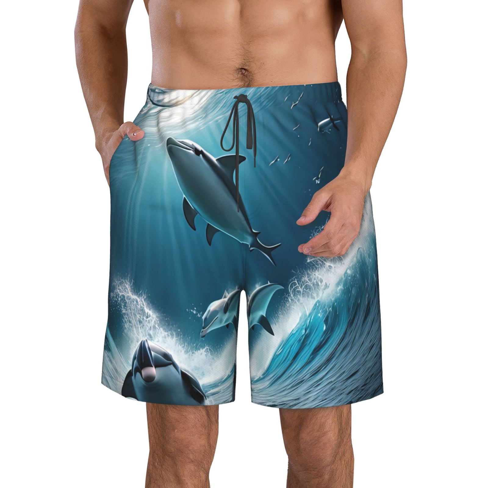 Salouo Ice Blue Ocean Cute Dolphin A Pattern Swim Trunks for Men,Men's ...
