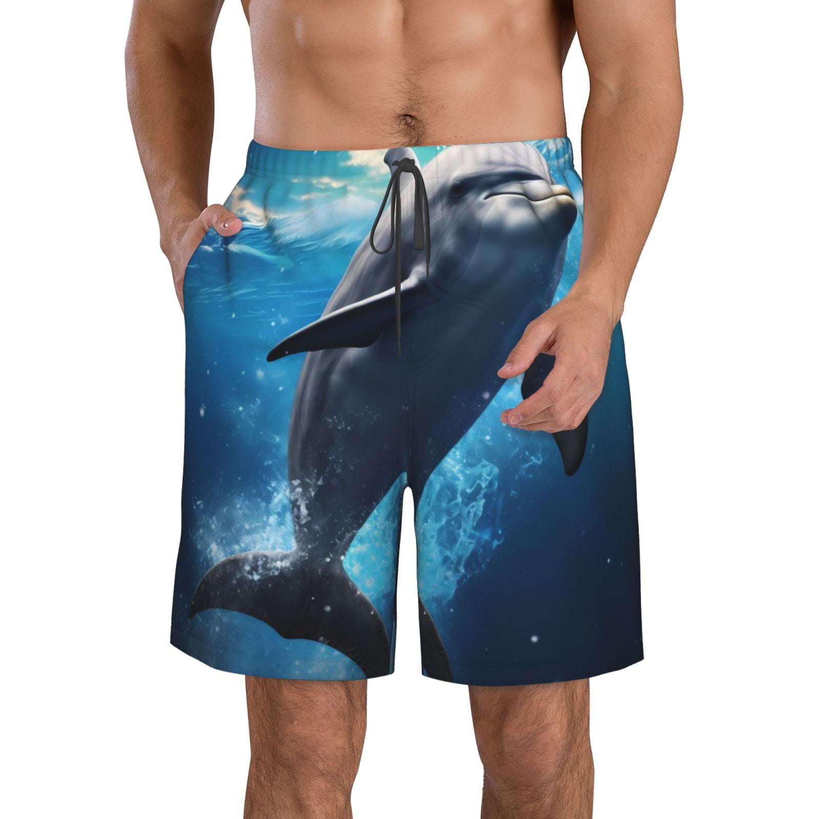 Salouo Ice Blue Ocean Cute Dolphin Pattern Swim Trunks for Men,Men's ...