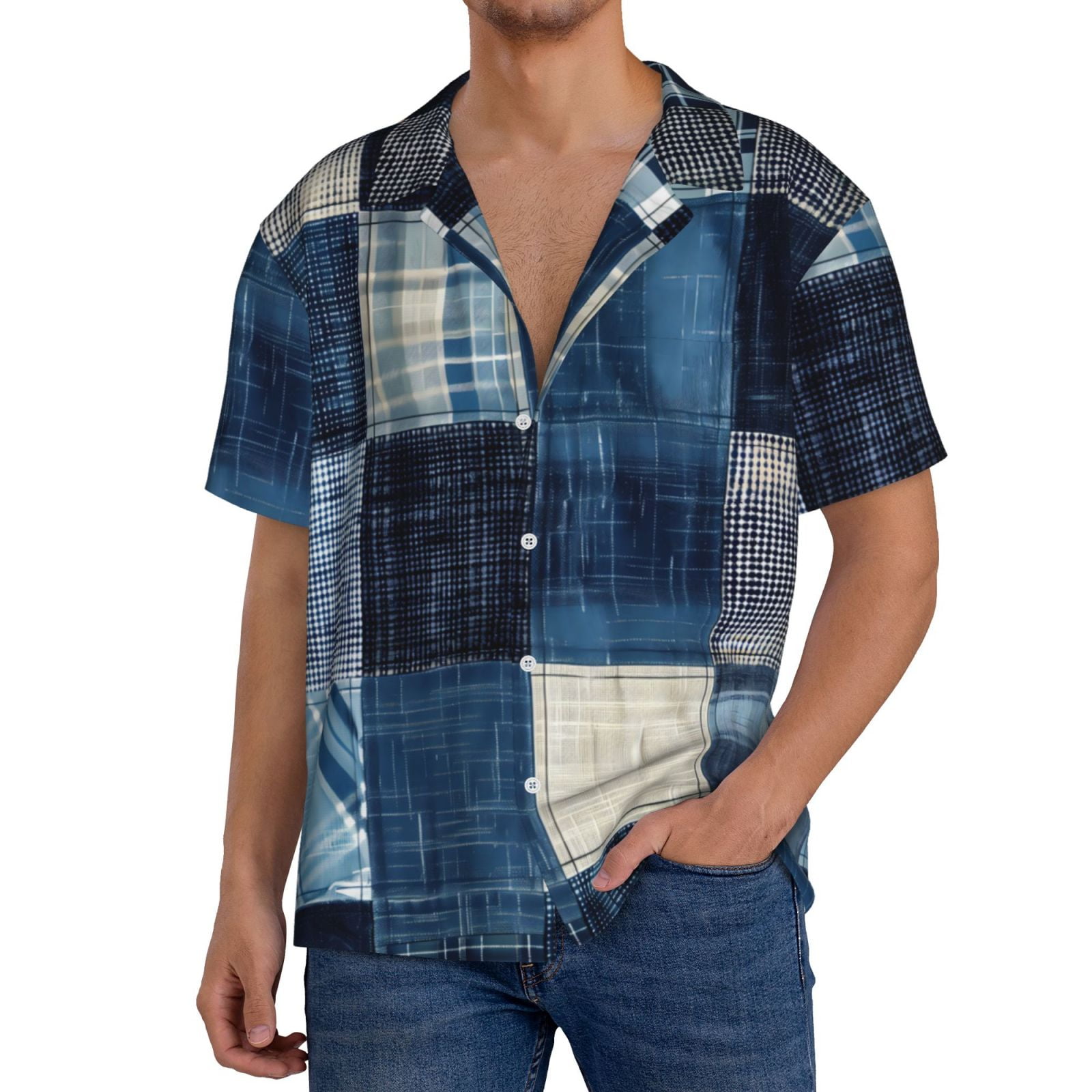Salouo Indigo Patchwork Quilt Pattern Cuban Collar Shirts for Men ...