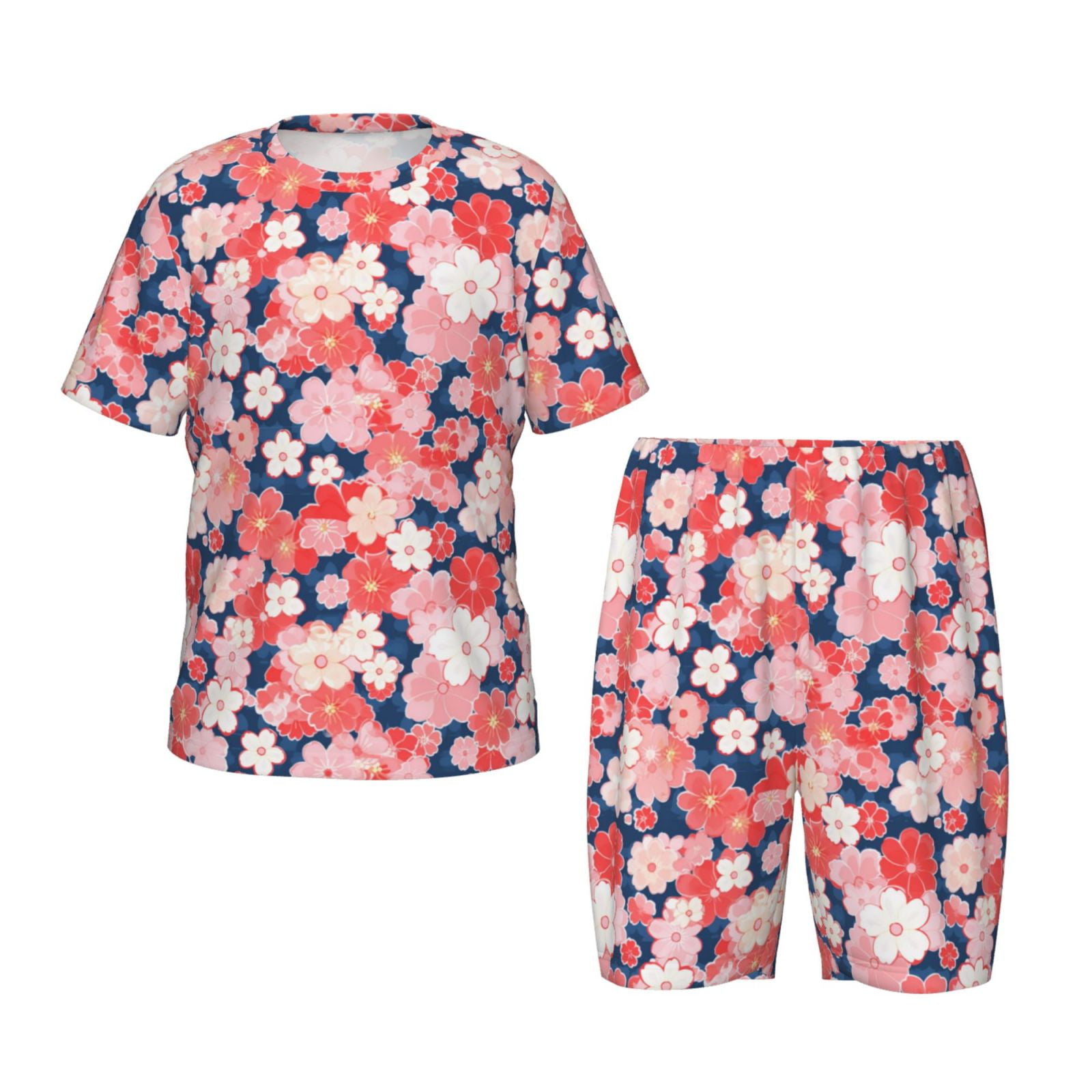 Salouo Japanese Cherry Blossoms Pattern Short-Sleeved Pajamas Set for ...