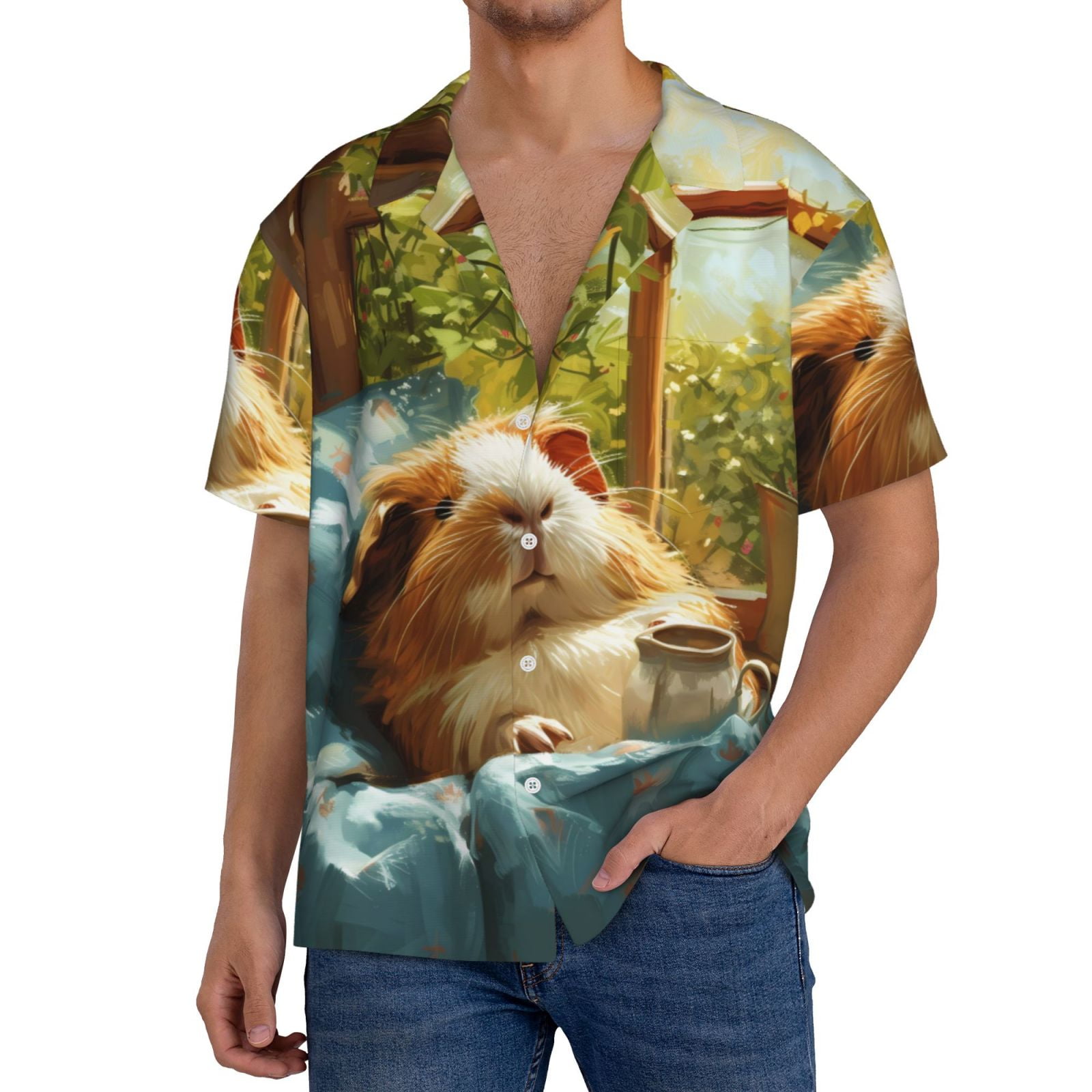 Salouo Lazy Home Style Guinea Pig Pattern Cuban Collar Shirts for Men ...