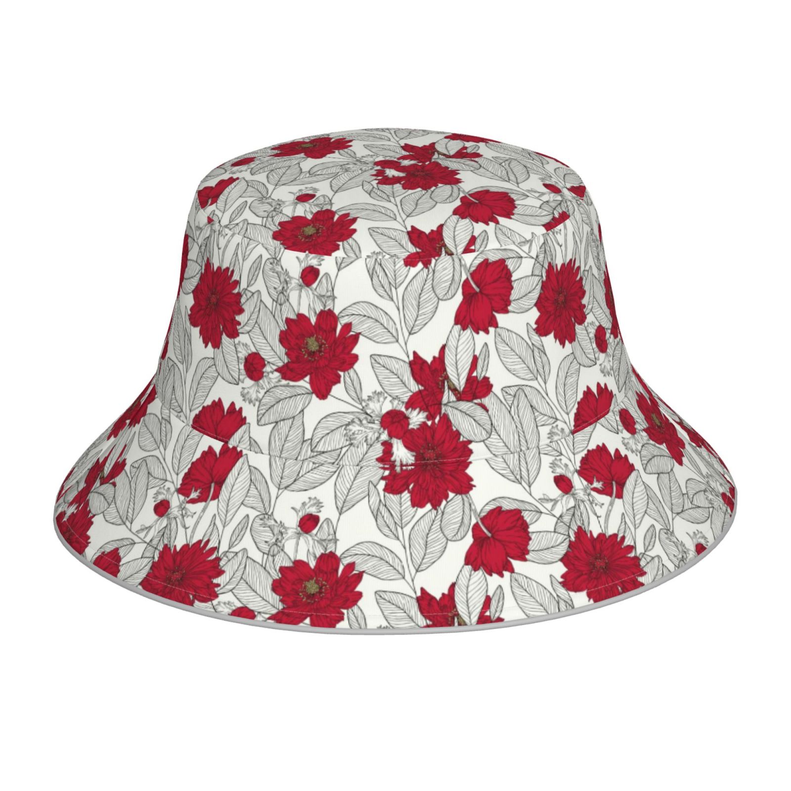 Salouo Leaves And Anemone Flowers In Red Grey Print Unisex Bucket Hat ...