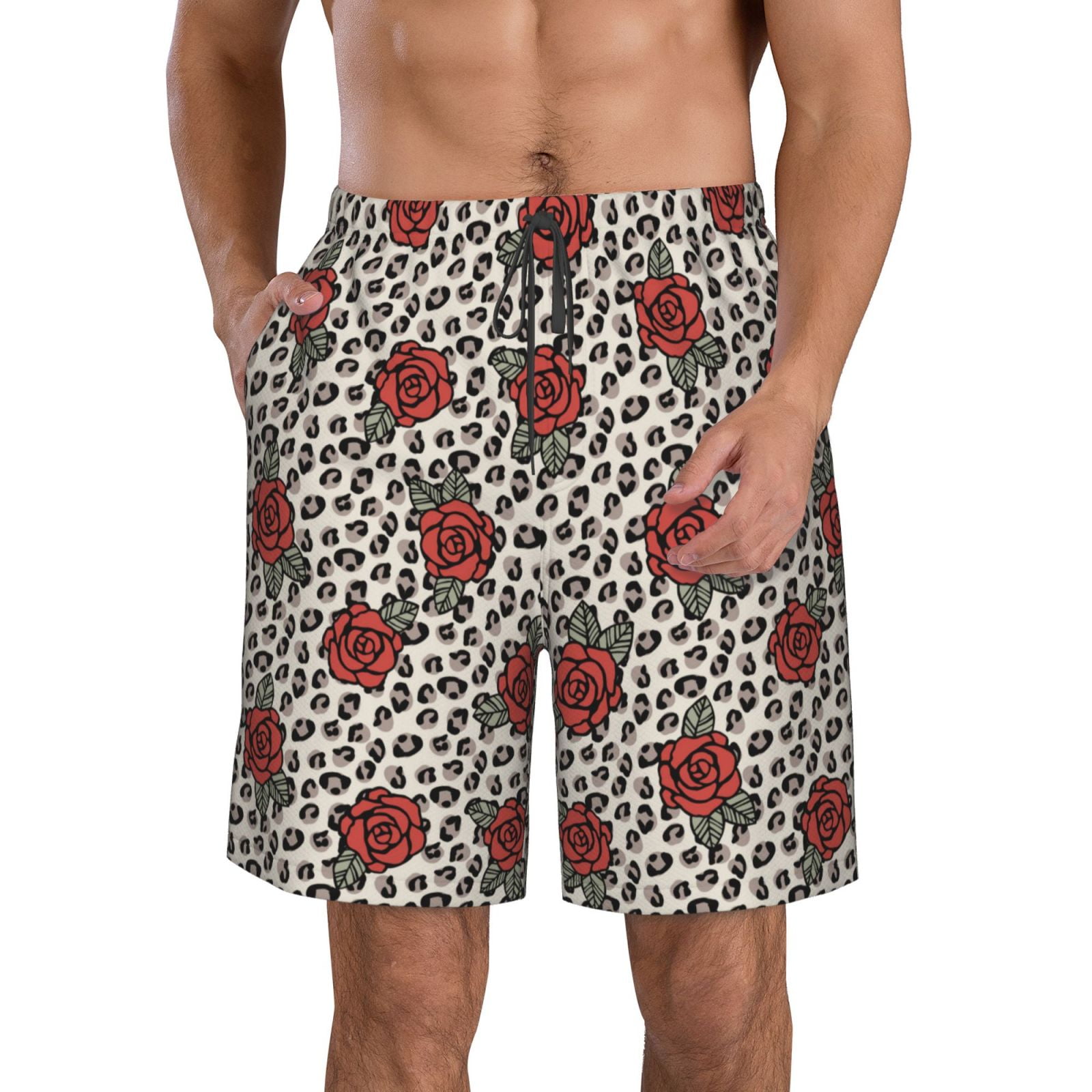 Salouo Leopard Print Rose Pattern Swim Trunks for Men,Men's Hawaiian ...
