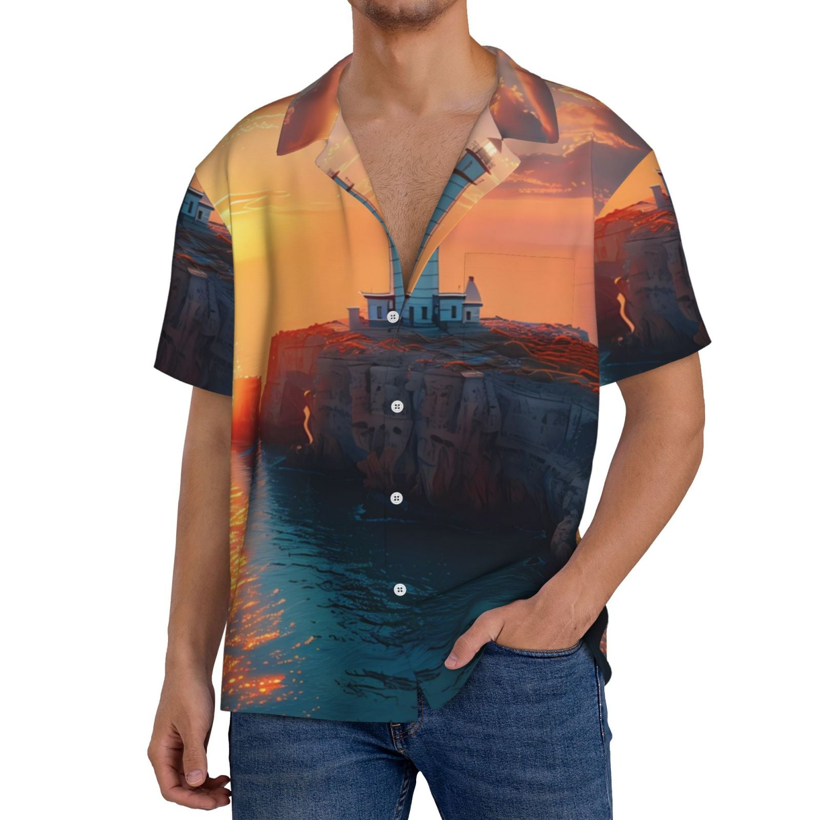 Salouo Lighthouse At Sunset Coast Pattern Cuban Collar Shirts for Men ...