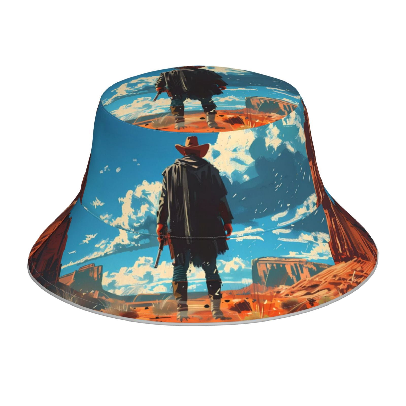 Salouo Lone Cowboy Desert Scene Print Unisex Bucket Hat, Outdoor Summer ...