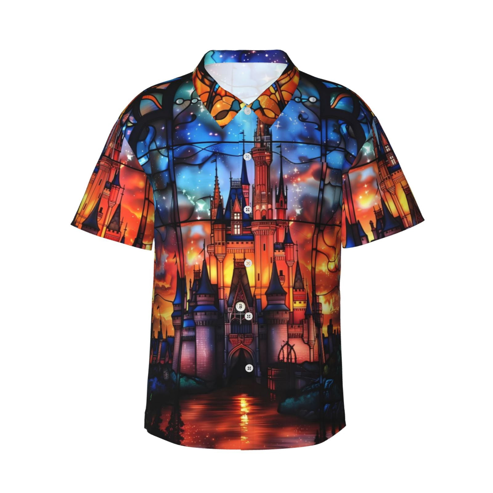 Salouo Magical Stained Glass Castle for Hawaiian Shirt for Men,Summer ...