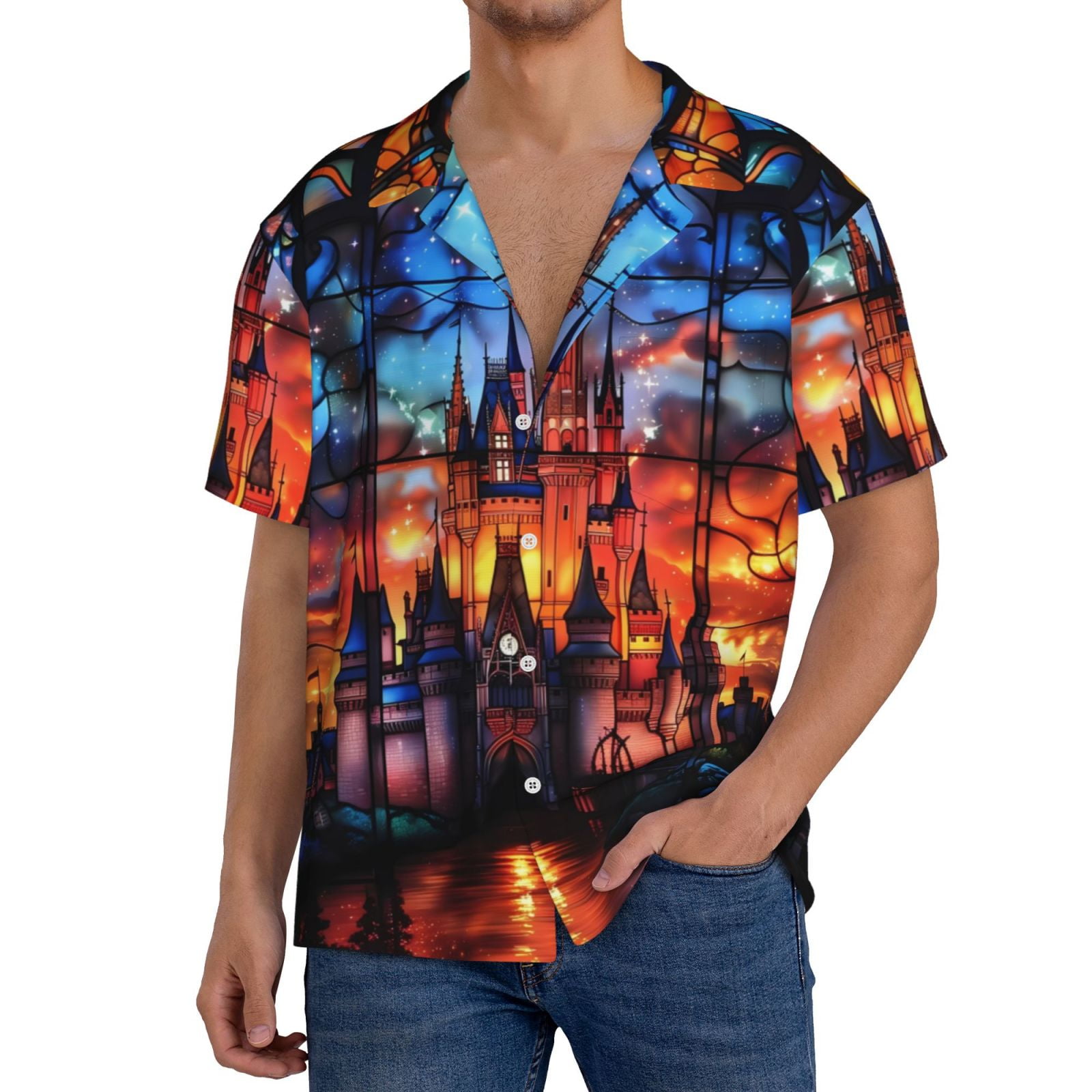 Salouo Magical Stained Glass Castle Pattern Cuban Collar Shirts for Men ...