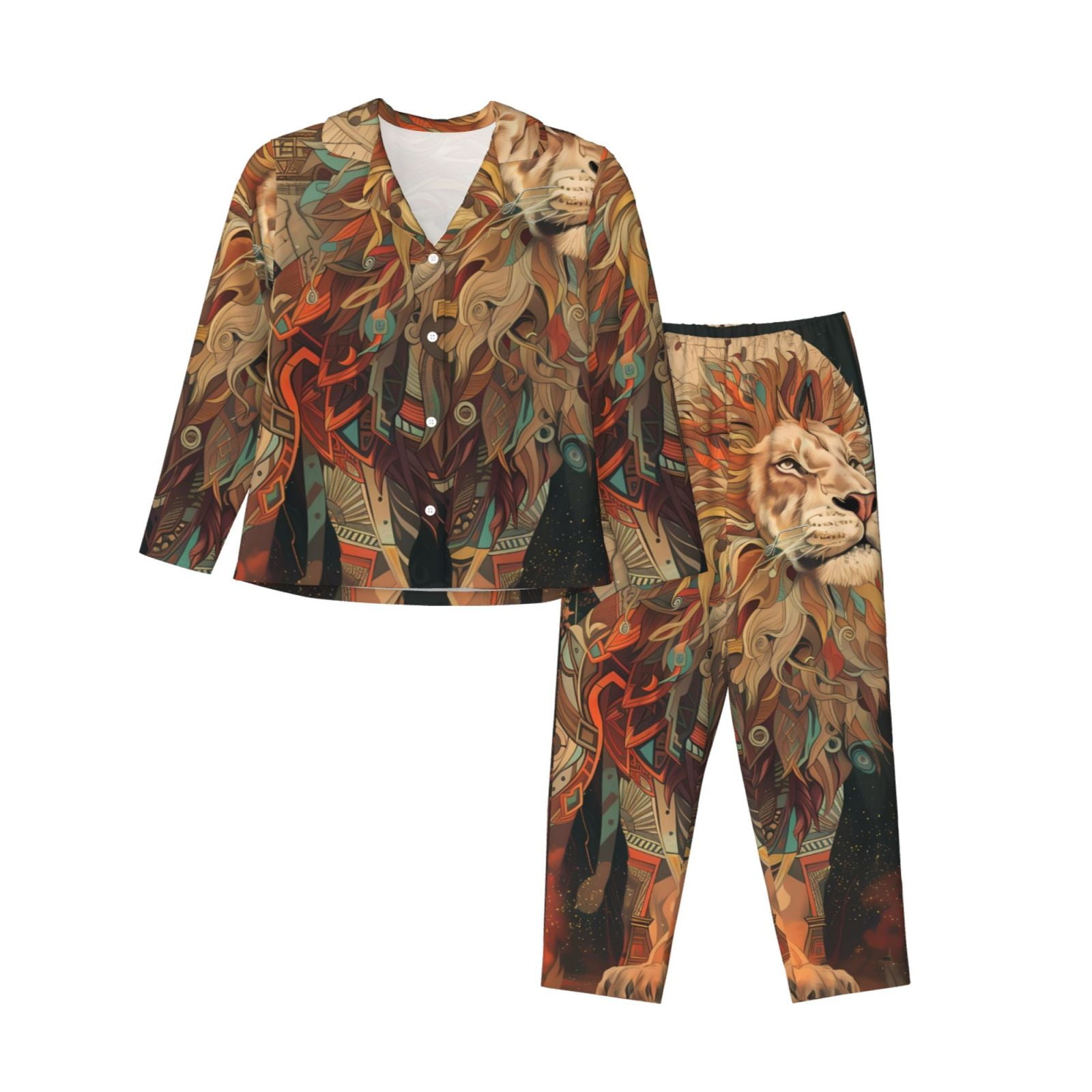 Salouo Majestic Cosmic Lion Pattern Women's Pajamas Set Long Sleeve Button Down Sleepwear Soft ...