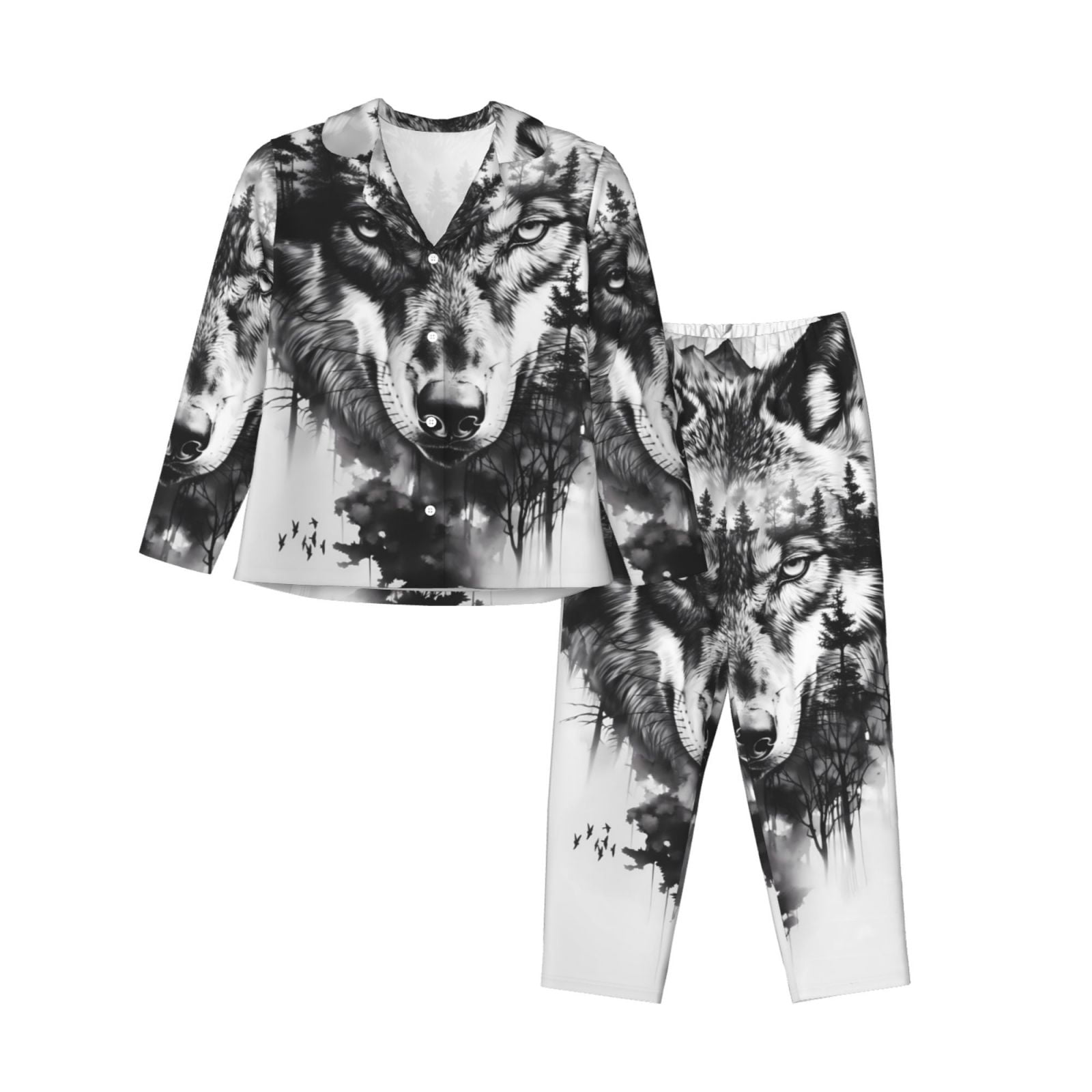 Salouo Majestic Wolf Landscape Pattern Women's Pajamas Set Long Sleeve ...