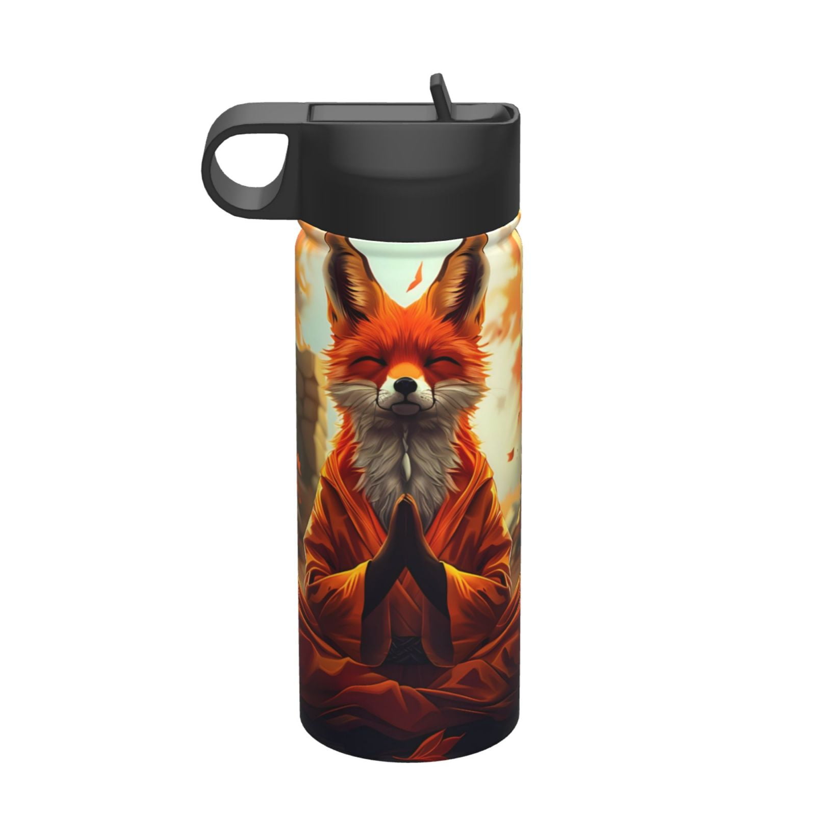 Salouo Maple Leaf Meditating Fox Pattern 18 oz Water Bottle With Straw ...