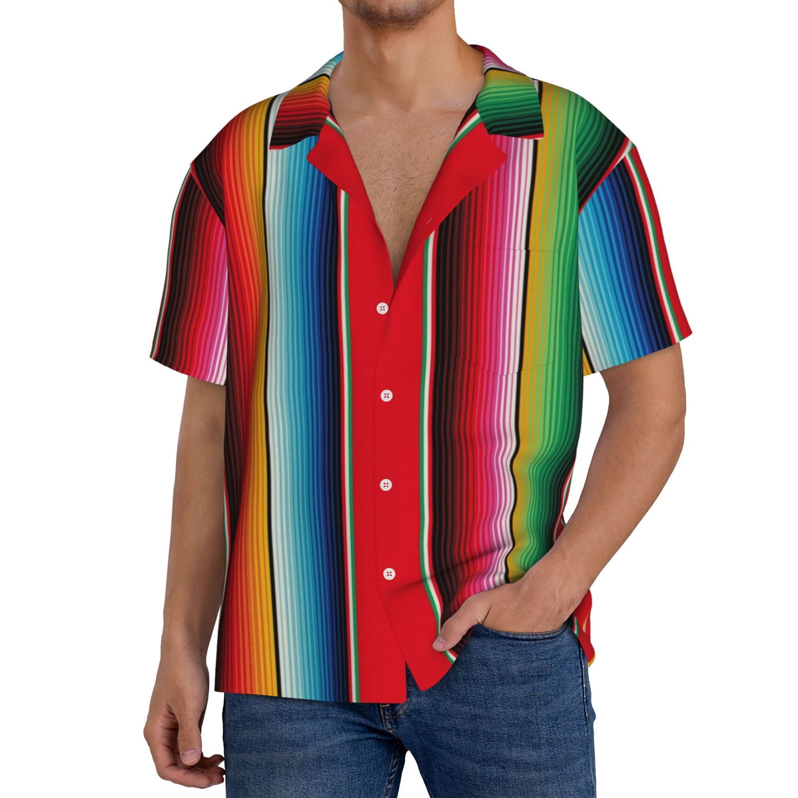 Salouo Mexican Serape Blanket Stripes Pattern Cuban Collar Shirts for ...