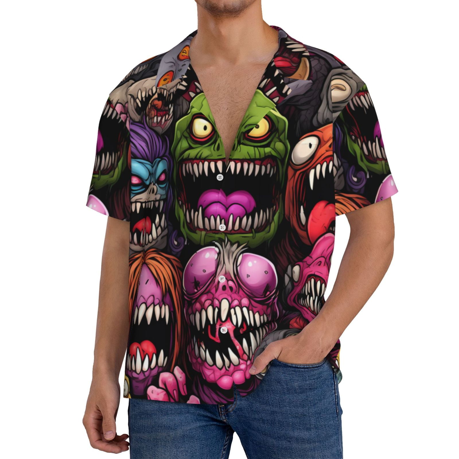 Salouo Monstrous Cartoon Characters Pattern Cuban Collar Shirts for Men ...
