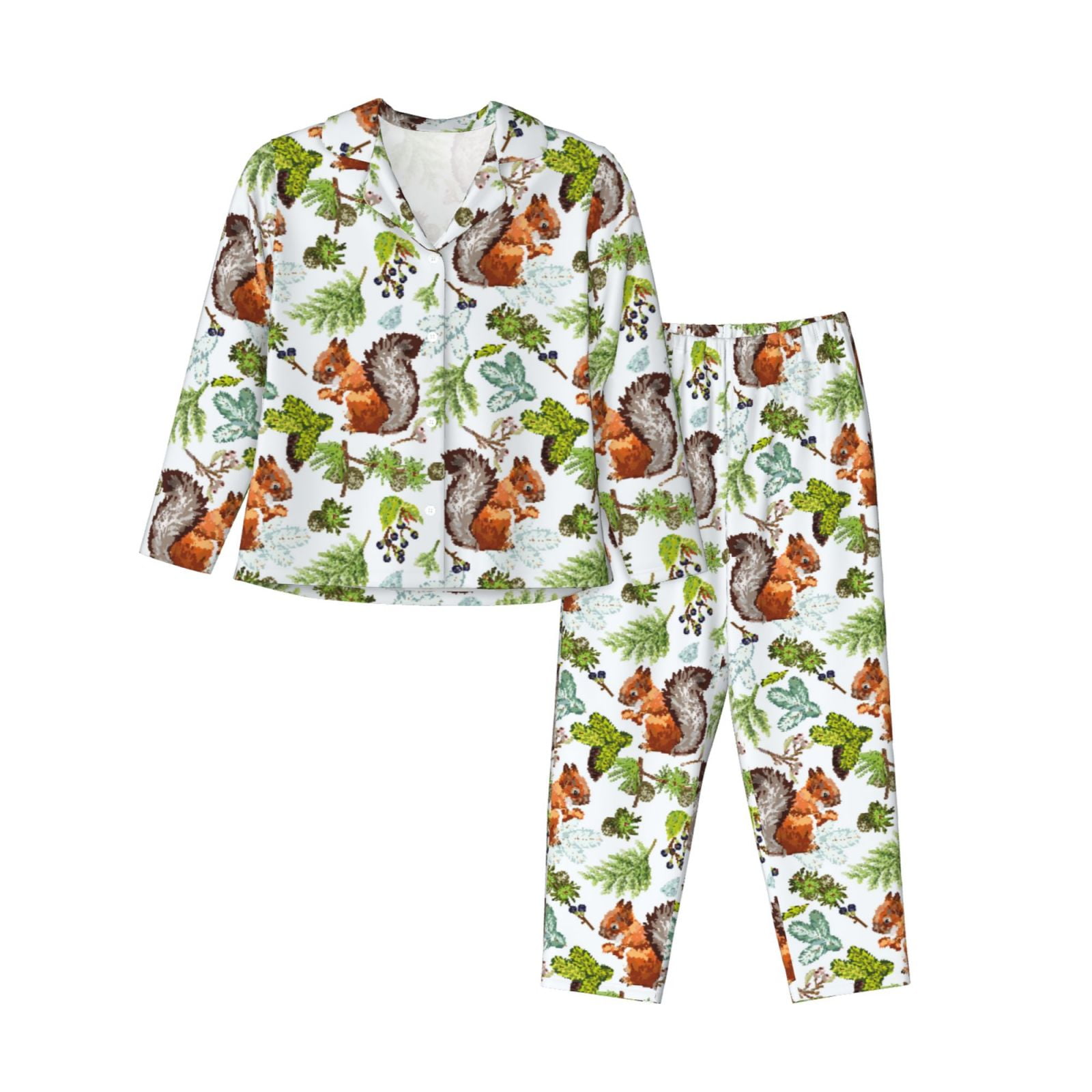 Salouo Mosaic Forest Squirrel Pattern Women's Pajamas Set Long Sleeve ...