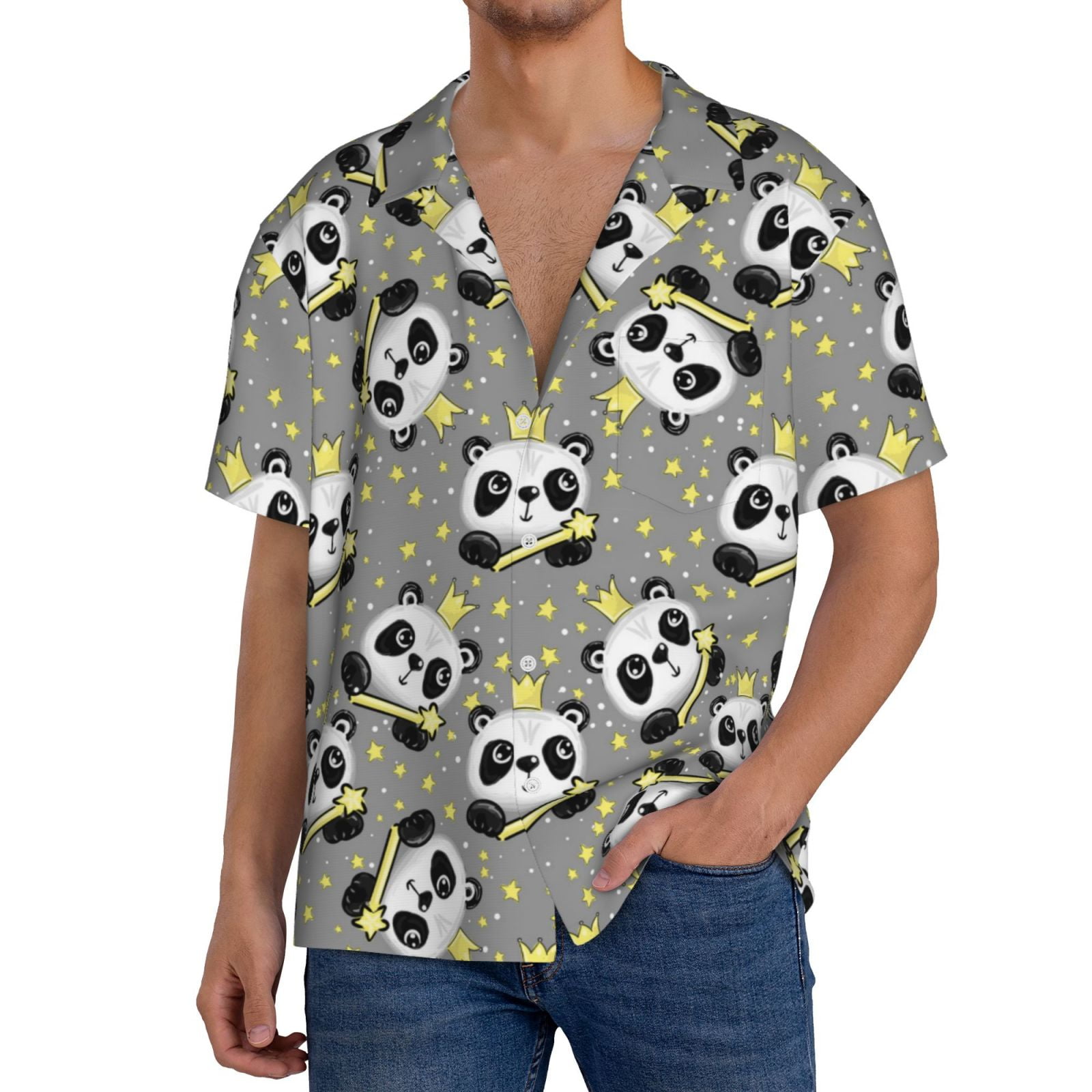 Salouo Panda With Crown And Stars Pattern Cuban Collar Shirts for Men ...